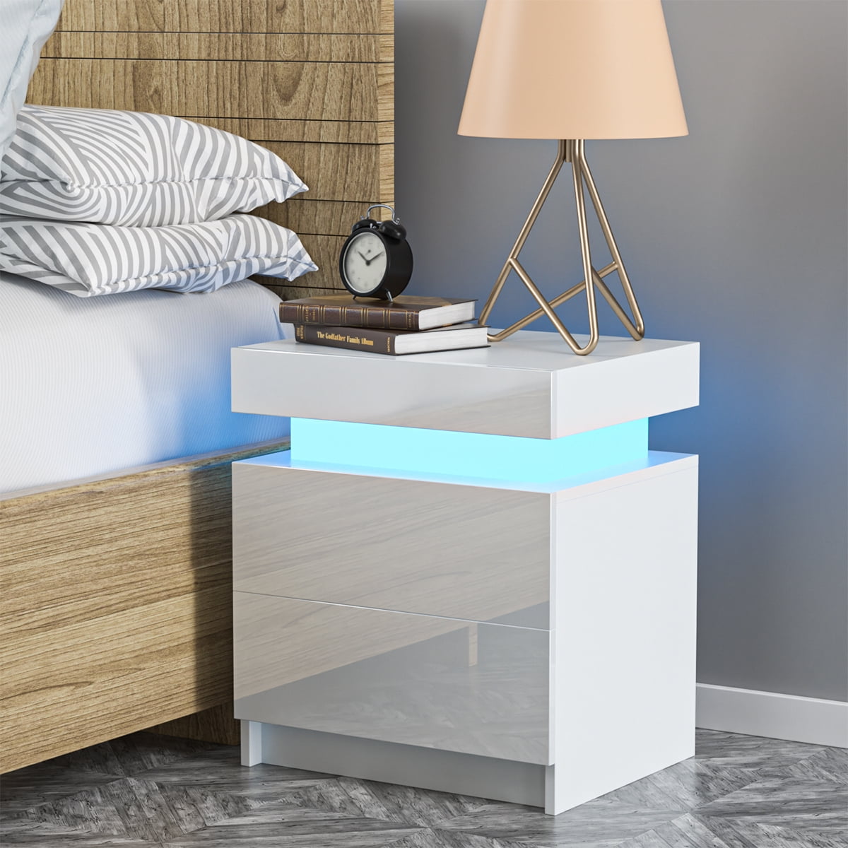 (Set of 2) 2 Drawer LED Nightstand, High Gloss Bedside Table for ...