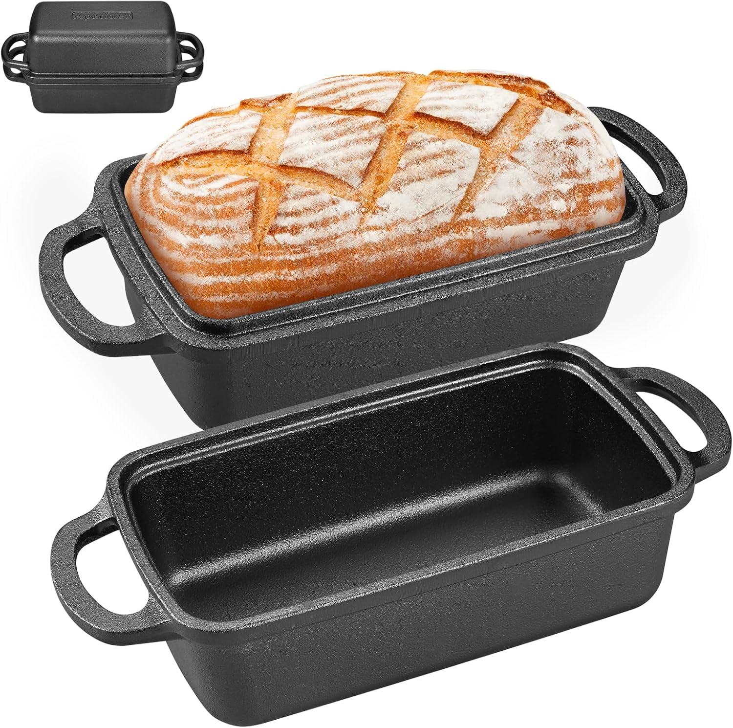 Set of 2 - 2 in 1 Cast Iron Bread Pan with Lid, Durable Loaf Pans for Baking Homemade Sourdough ...