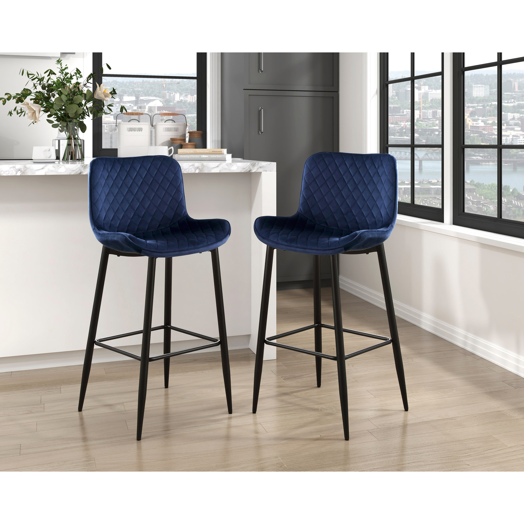 Set of 2 29 - inch seat height blue velvet chairs black metal base for ...