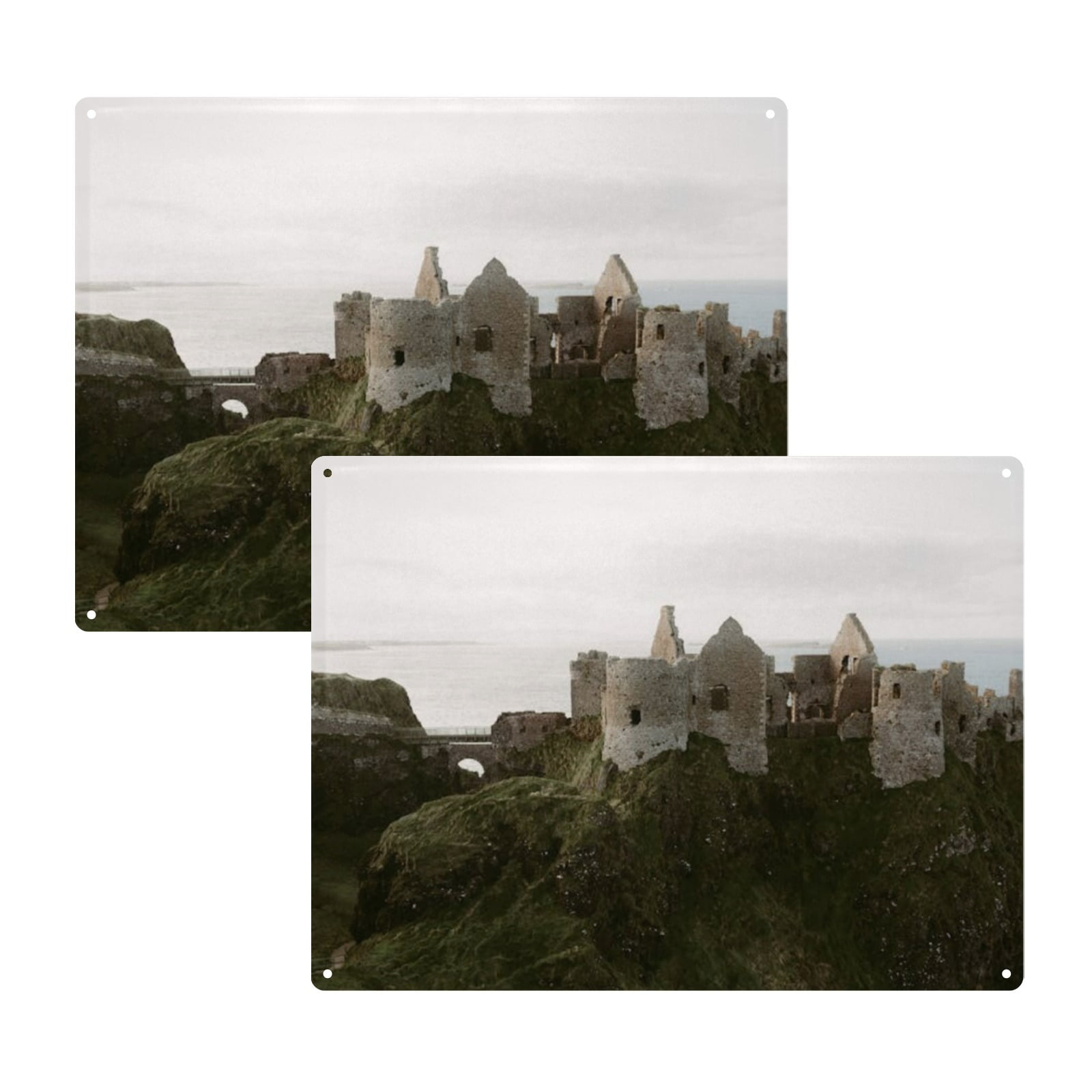 Set of 2 40x30cm Metal Tin Signs with Coastal Castle Ruins Art ...
