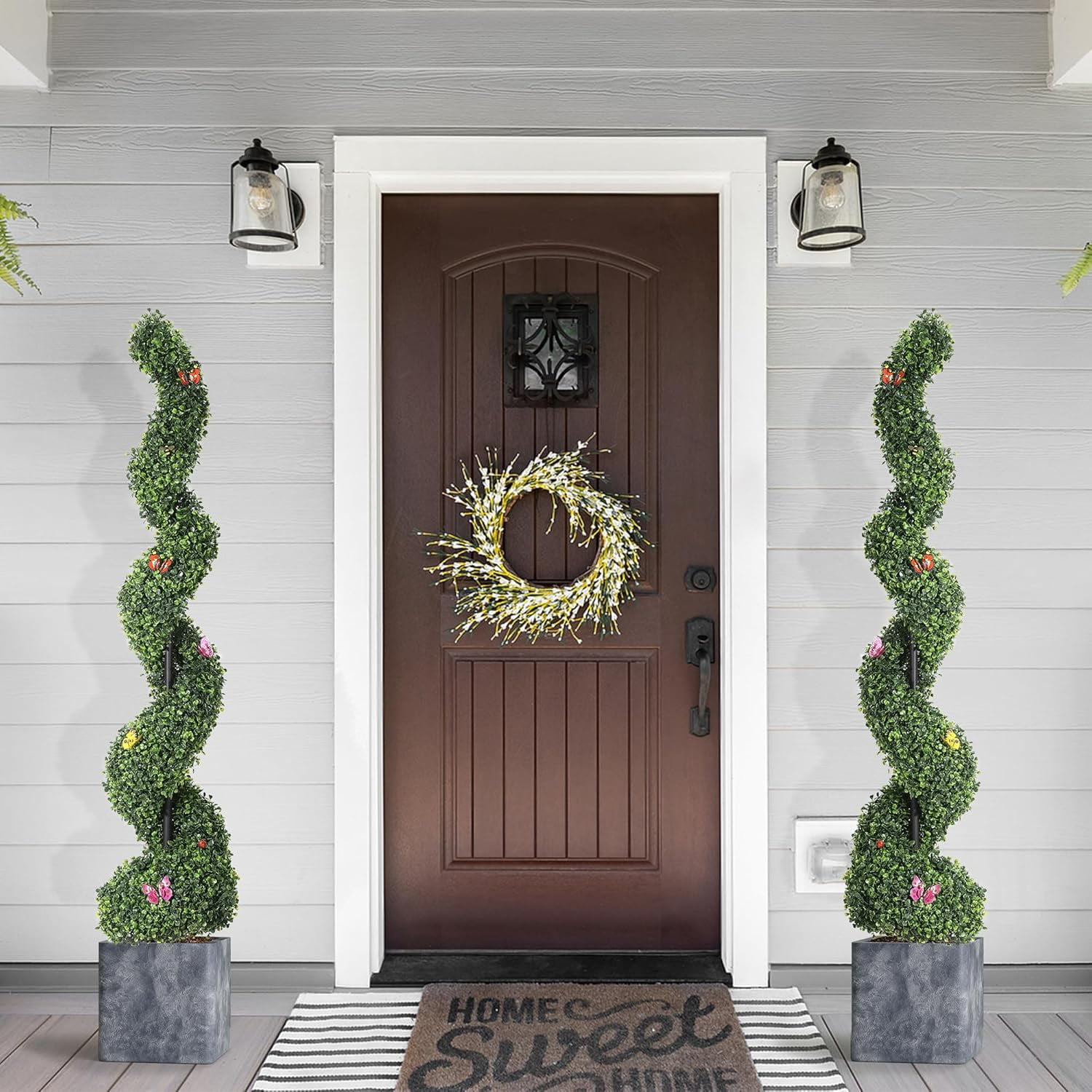 Set of 2 – 5ft Artificial Boxwood Spiral Topiary Trees with Insect ...