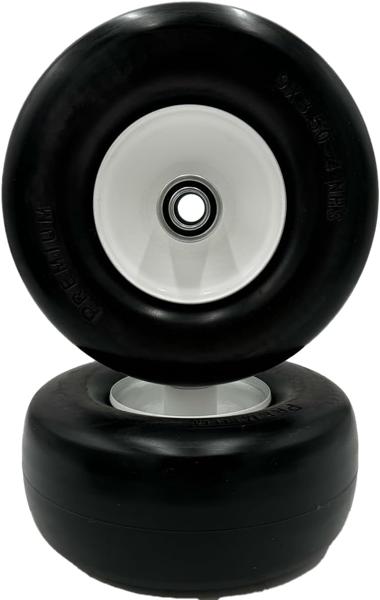 Set of 2-9x3.50-4 Flat Free Smooth Lawn Mower Wheel, 4.0"" Centered Hub ...