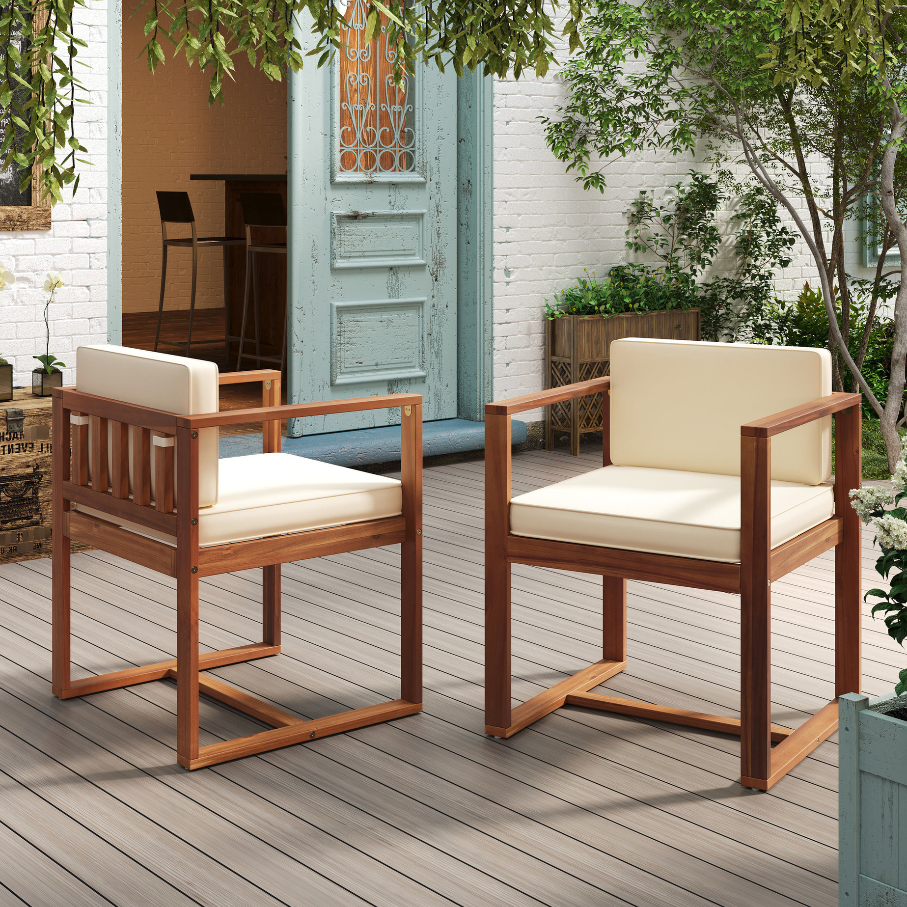 Set of 2 Acacia Chairs - Armrests & Thick Foam Seat - Outdoor Patio ...