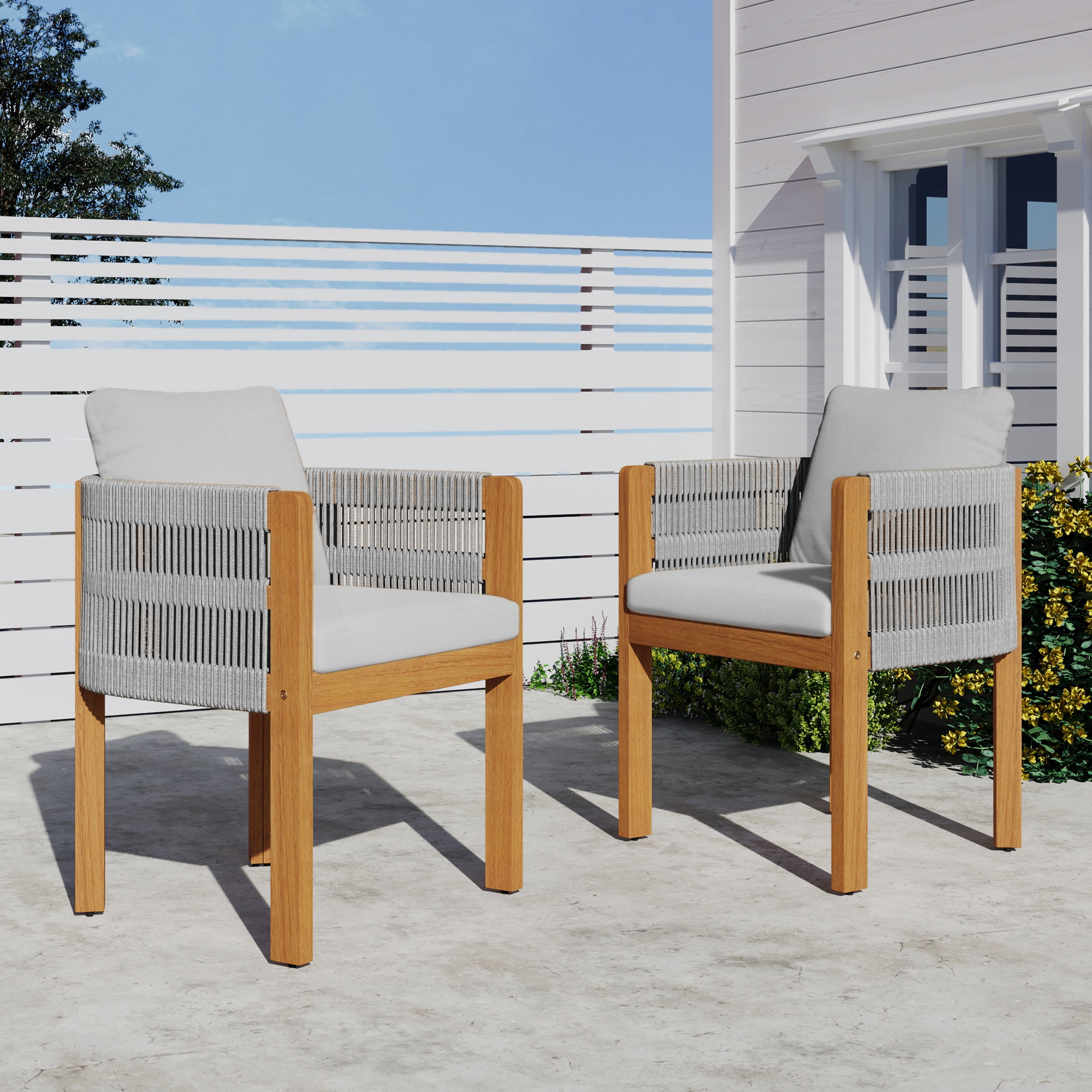 Set of 2 Acacia Wood Outdoor Dining Chairs with Grey Cushions, 400 Lbs ...