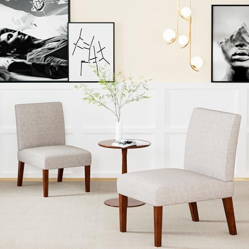 Set of 2 Accent Chairs with Matching Table, Linen Upholstered Solid ...