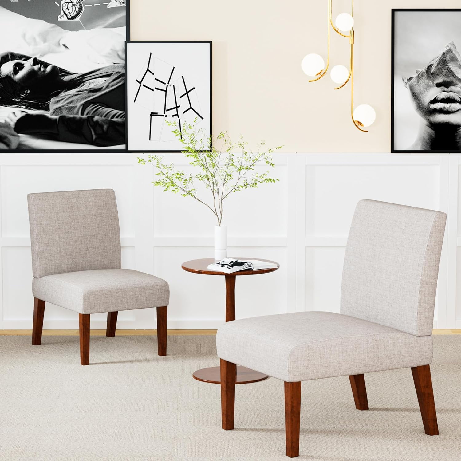 Set of 2 Accent Chairs with Matching Table, Linen Upholstered Solid ...