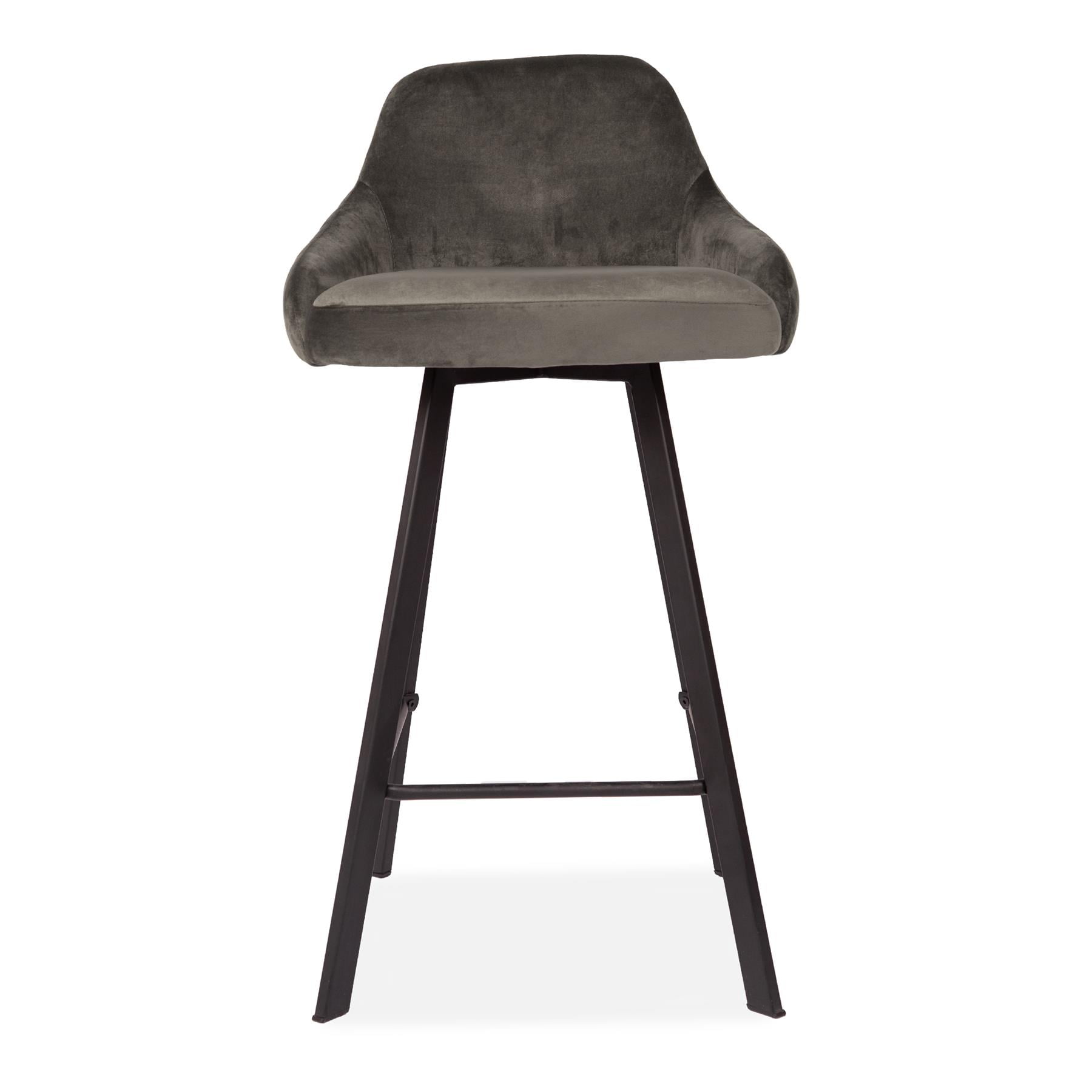 Alfa Set of 2 Grey Velvet Bar Stools, Counter Height 25.6 in, Kitchen ...