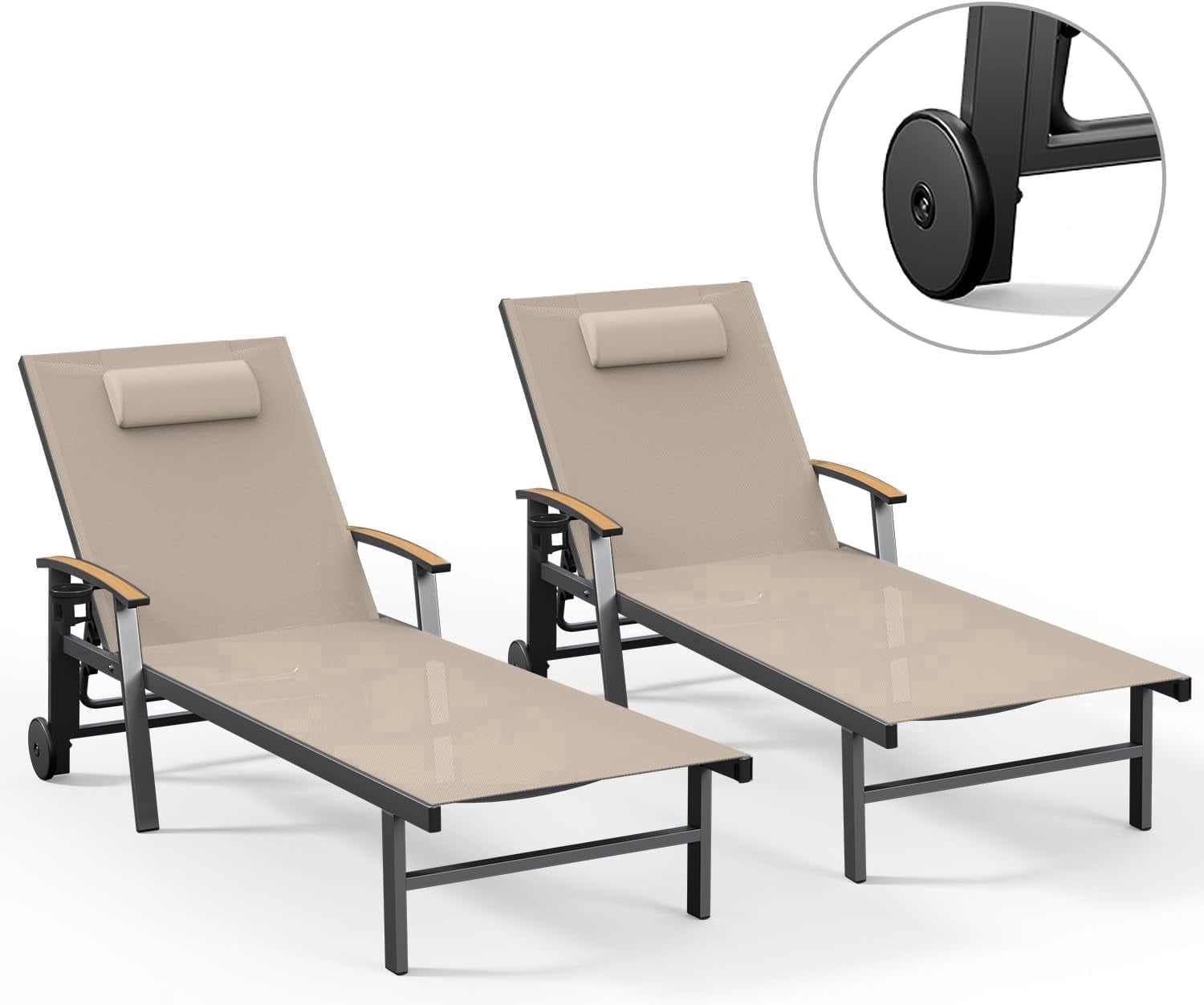 Set of 2 Aluminum Chaise Lounge Chair Wheels Armrests, 5-Position Patio ...