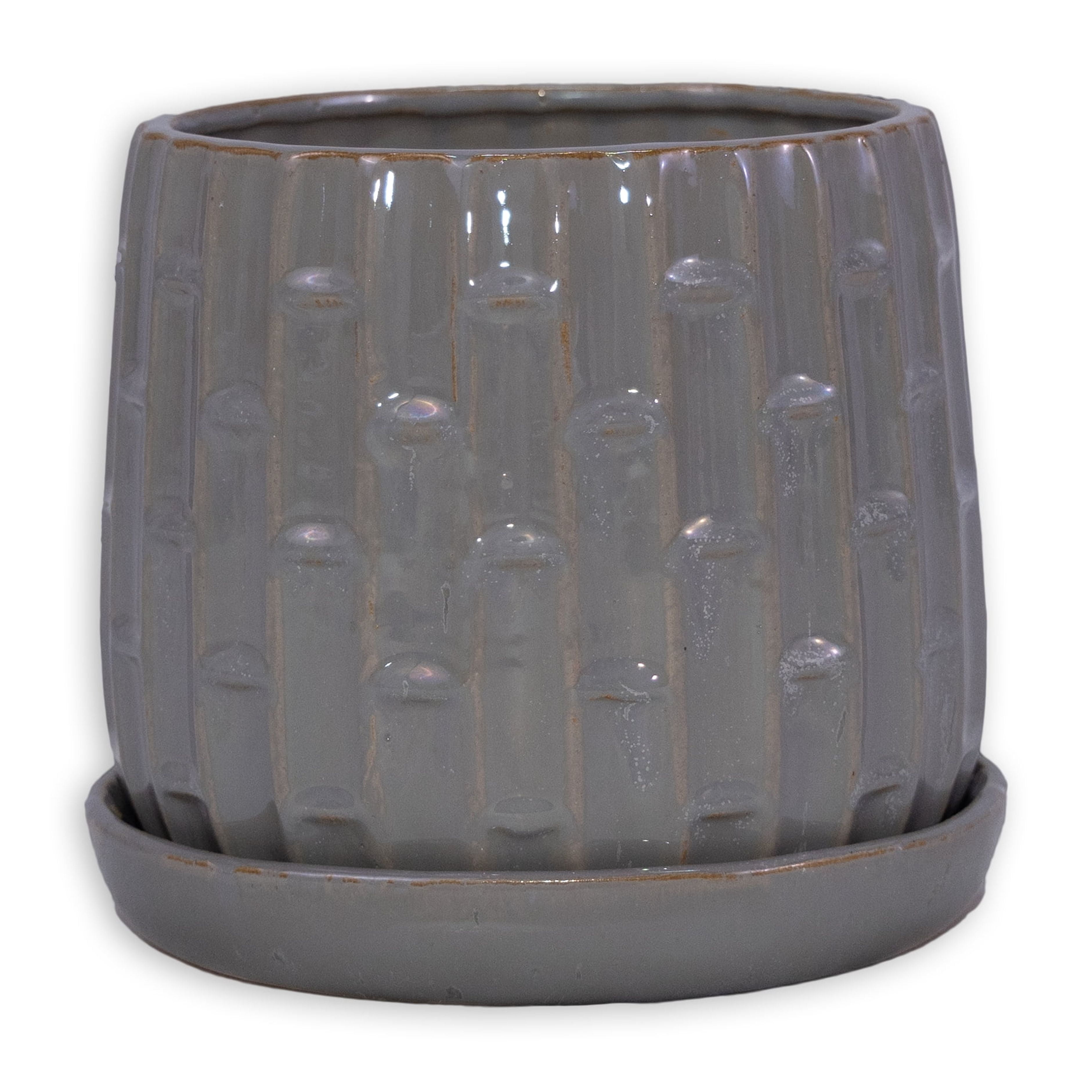 Set of 2 Antique Grey Ceramic Flower Pots, Glossy Striped Design with ...