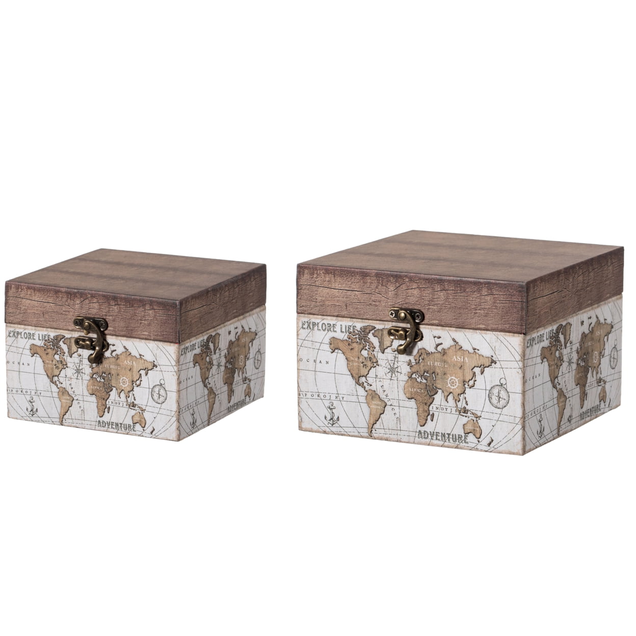 Set of 2 Antique Vintage Style World Map Design Wooden Storage Box ...