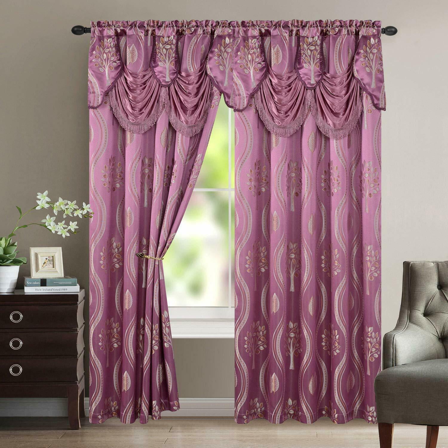 Set of 2, Aurora Tree Leaf Jacquard Window Panel with Attached Valance ...