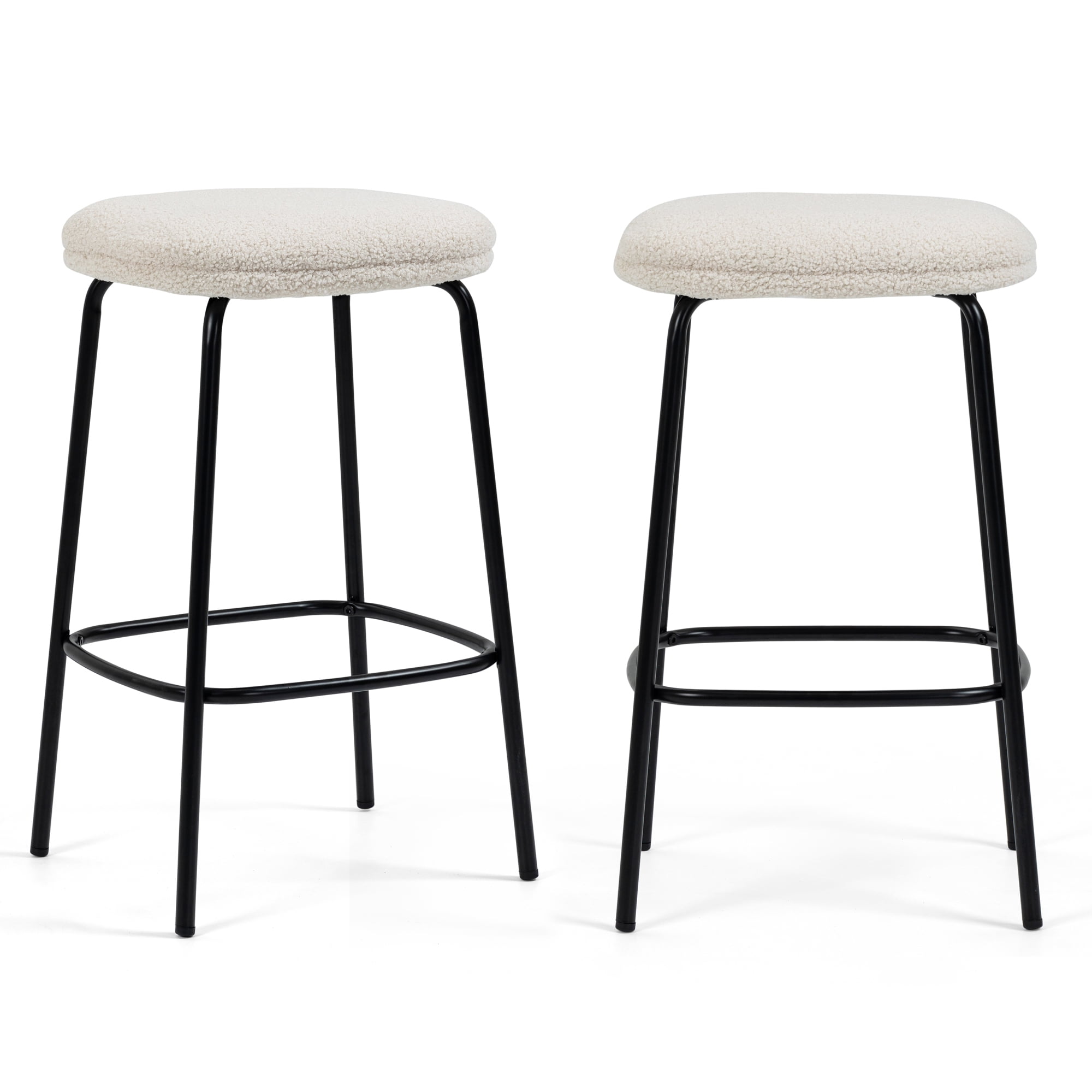 Glamour Home Beige Boucle Fabric Backless Counter Stool, Black Iron ...