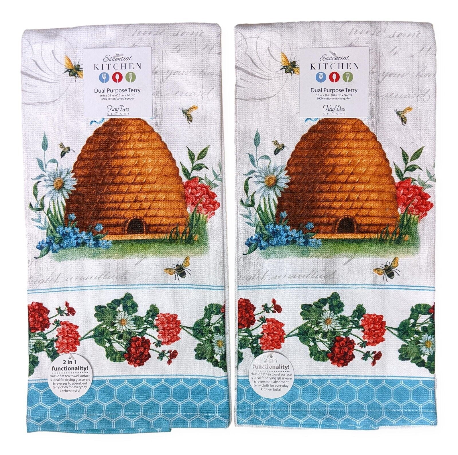 Set of 2 BLOSSOMS & BEES Floral Honey Bee Terry Kitchen Towels, Kay Dee ...