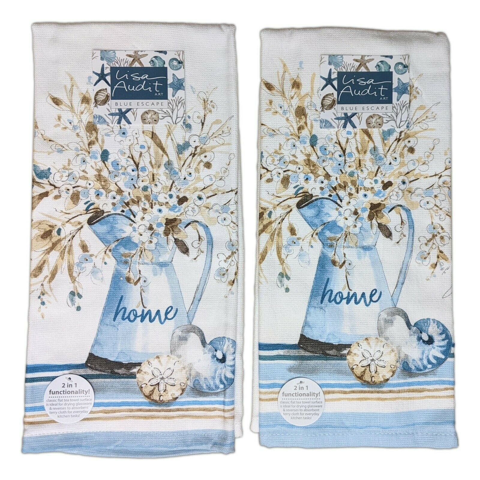 Set of 2 BLUE ESCAPE Floral Bouquet Terry Kitchen Towels by Kay Dee ...