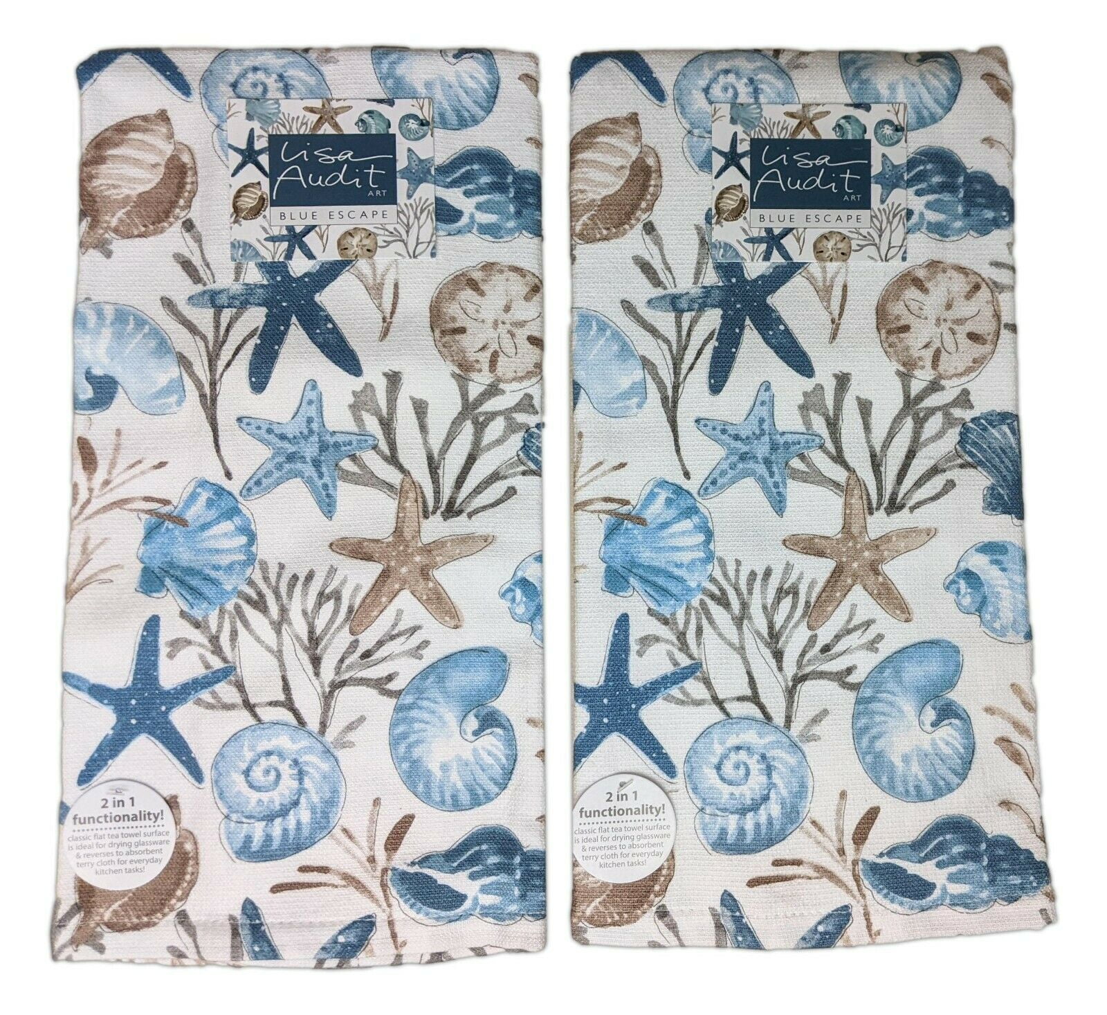 Set of 2 BLUE ESCAPE Shells & Starfish Terry Kitchen Towels by Kay Dee ...
