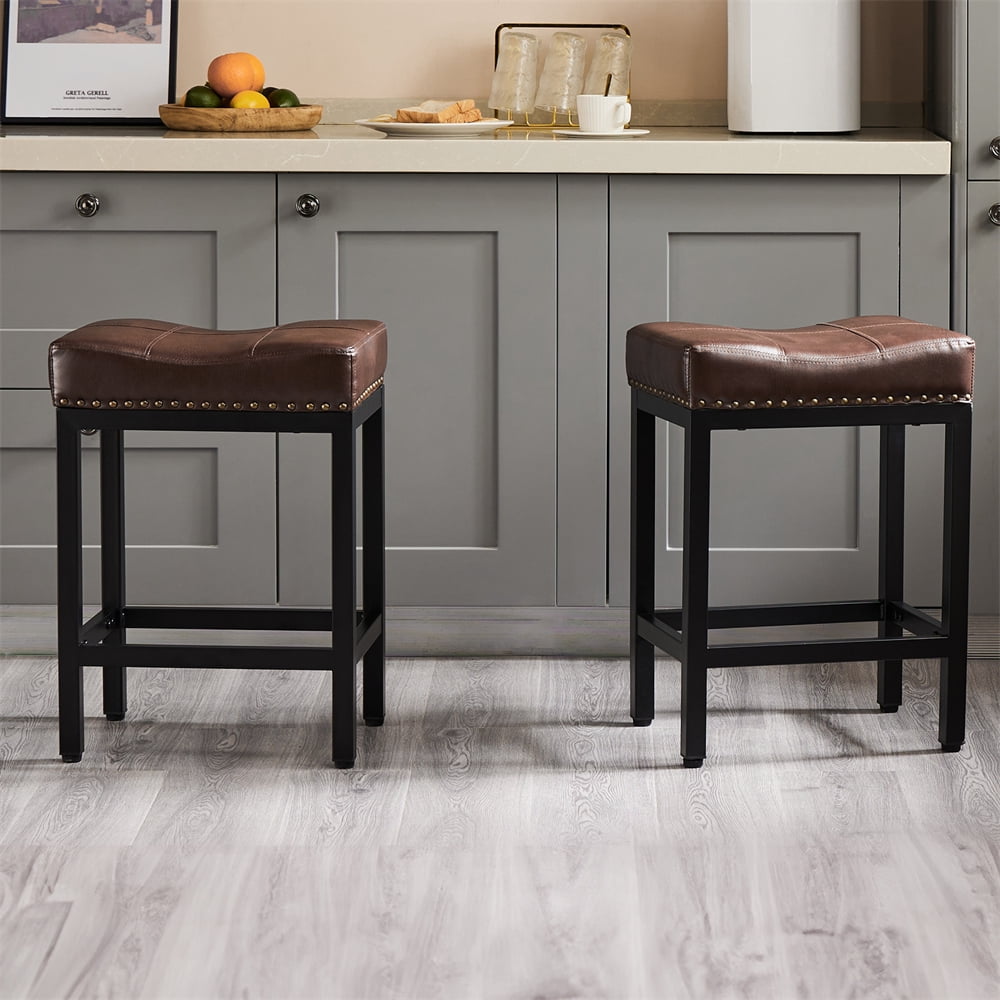 Set of 2 Bar Stools, Modern Table Chair with Leather Seat Cushion ...
