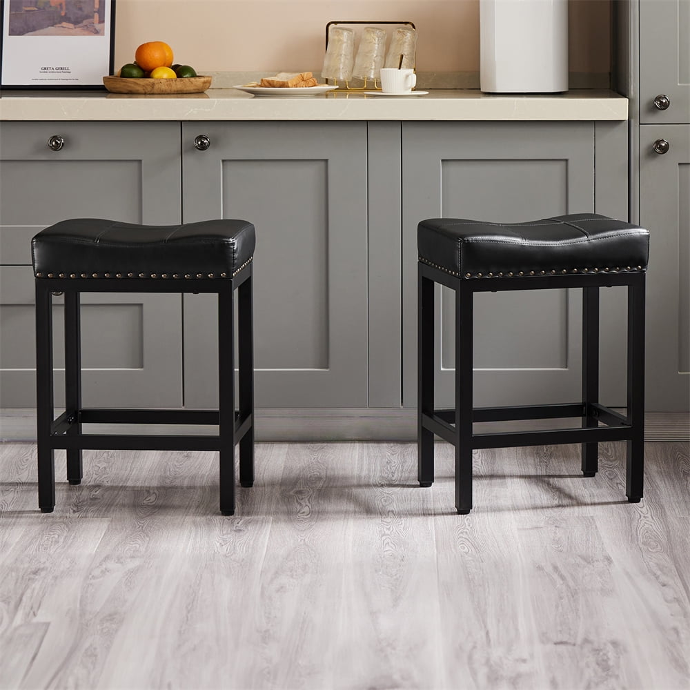 Set of 2 Bar Stools, Modern Table Stool with Leather Seat Cushion ...