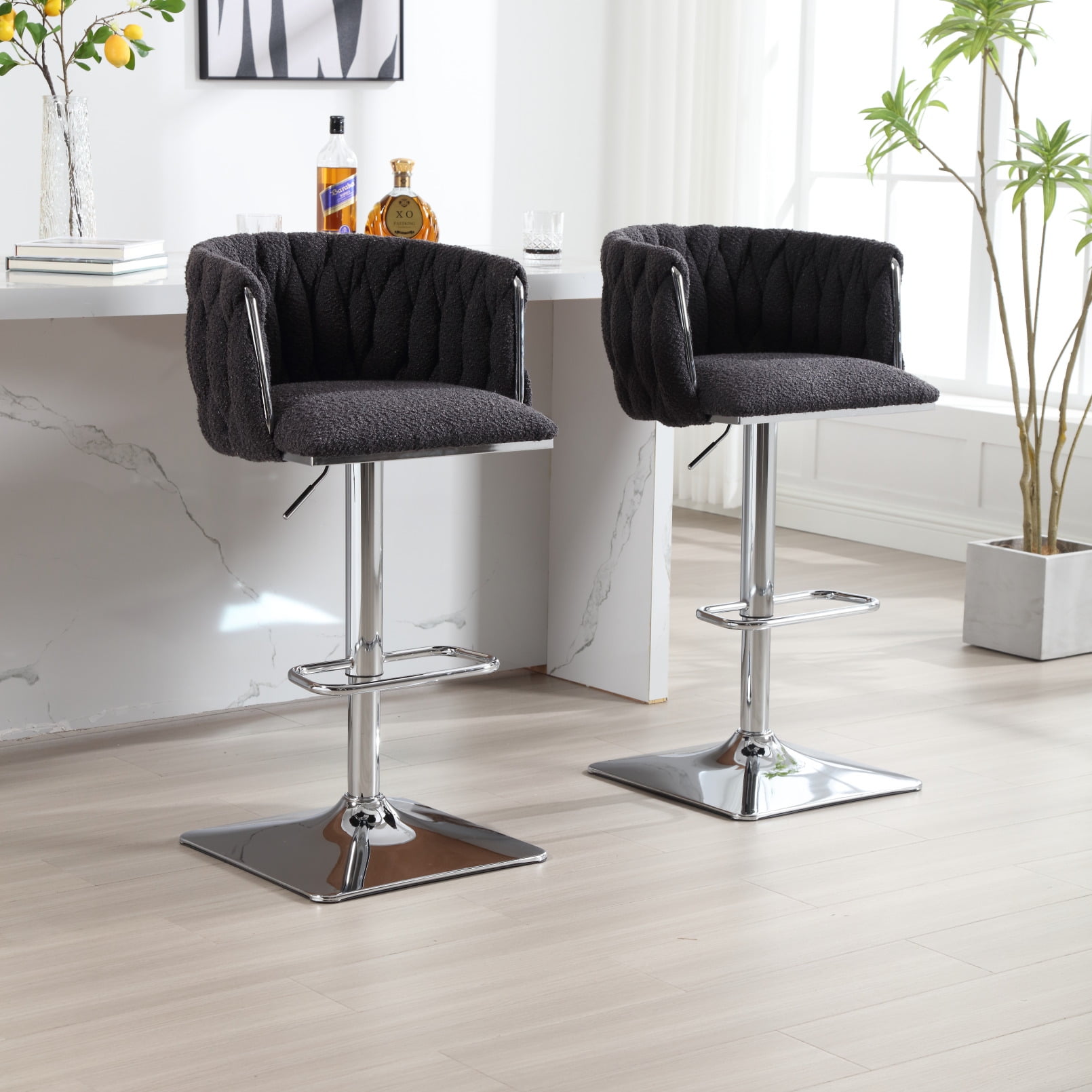 Set of 2 Bar Stools with Back and Footrest, Counter Height Dining ...