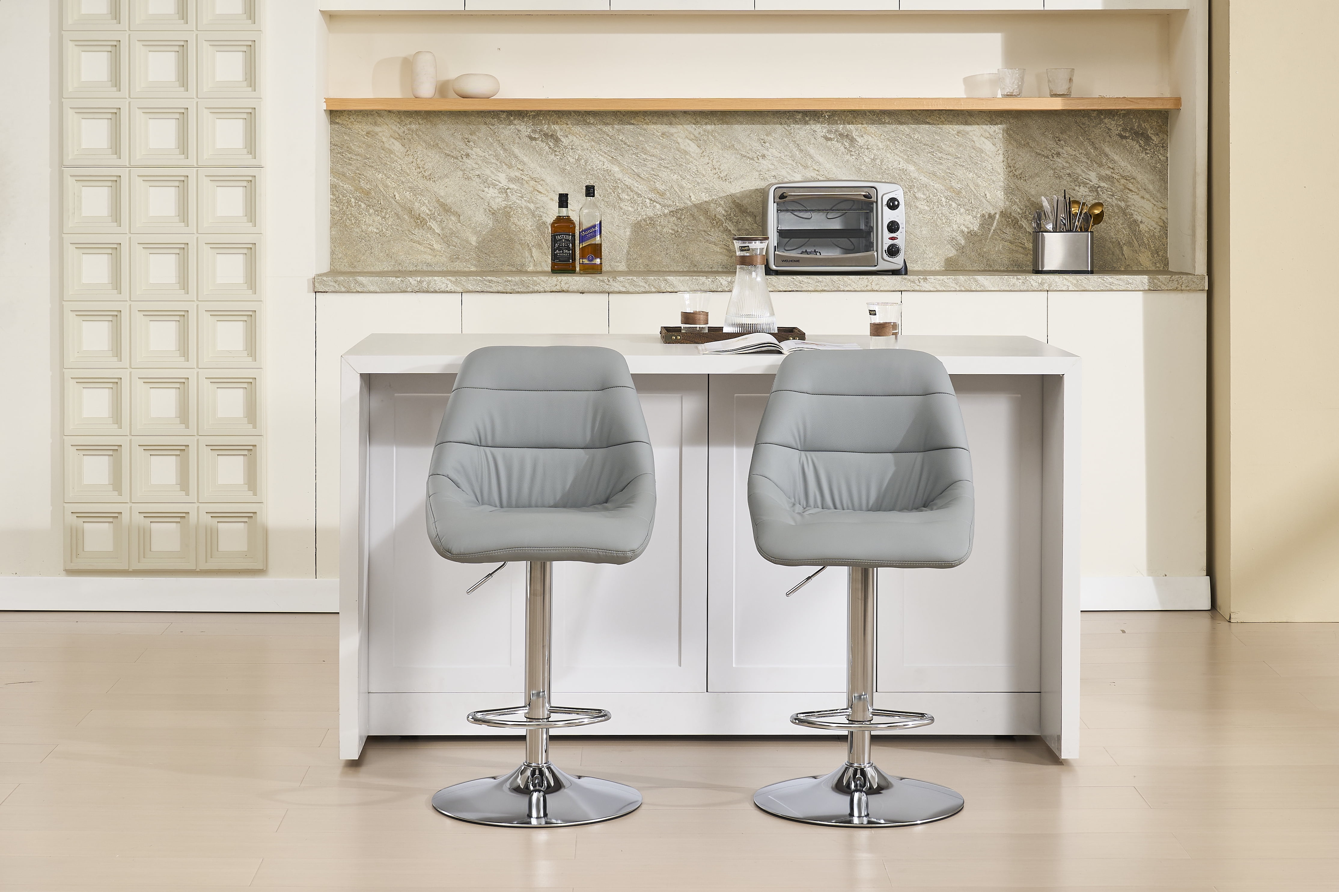 Set of 2 Bar Stools, with Chrome Footrest and Base Swivel Height ...