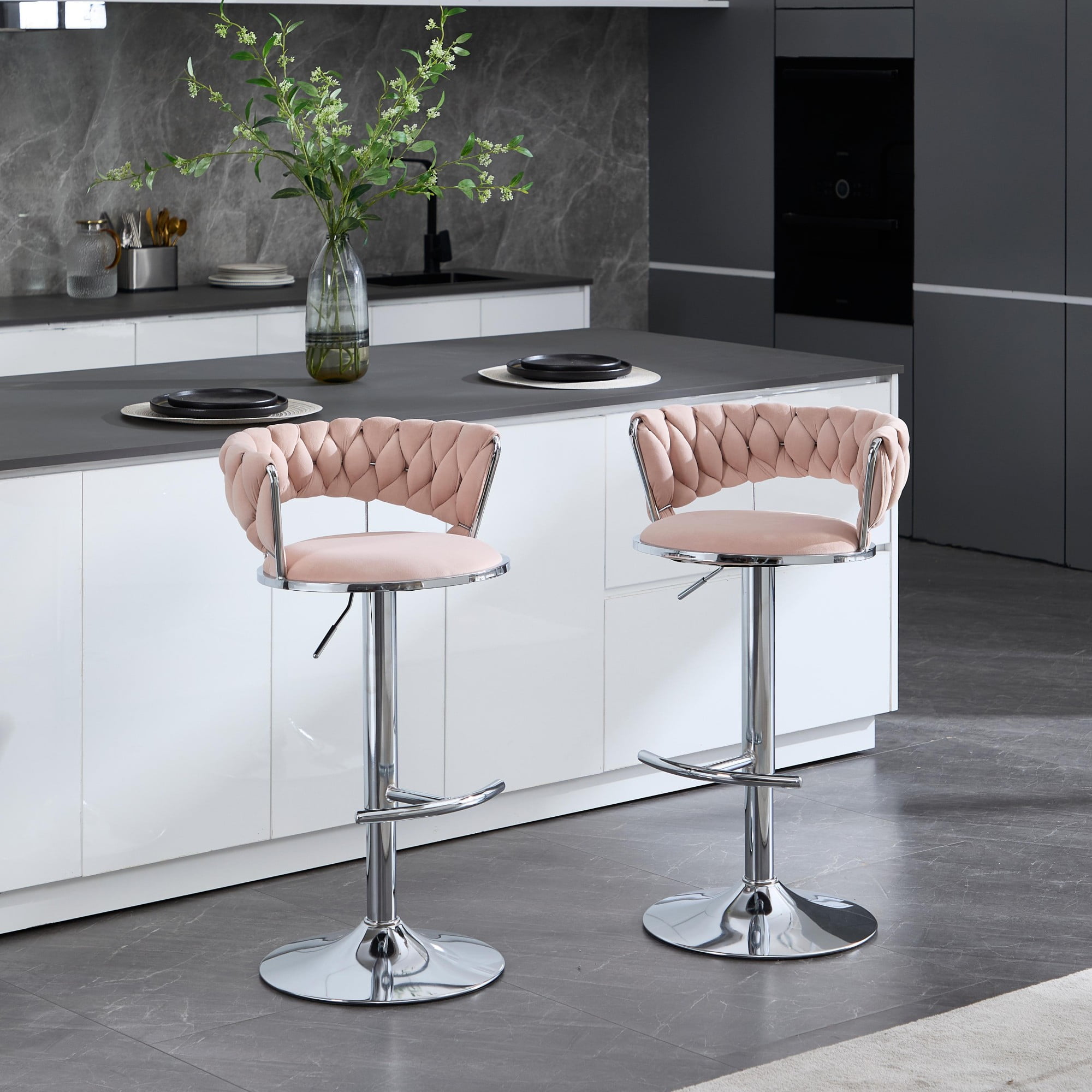 Set of 2 Bar Stools with Chrome Footrest and Base Swivel Height ...