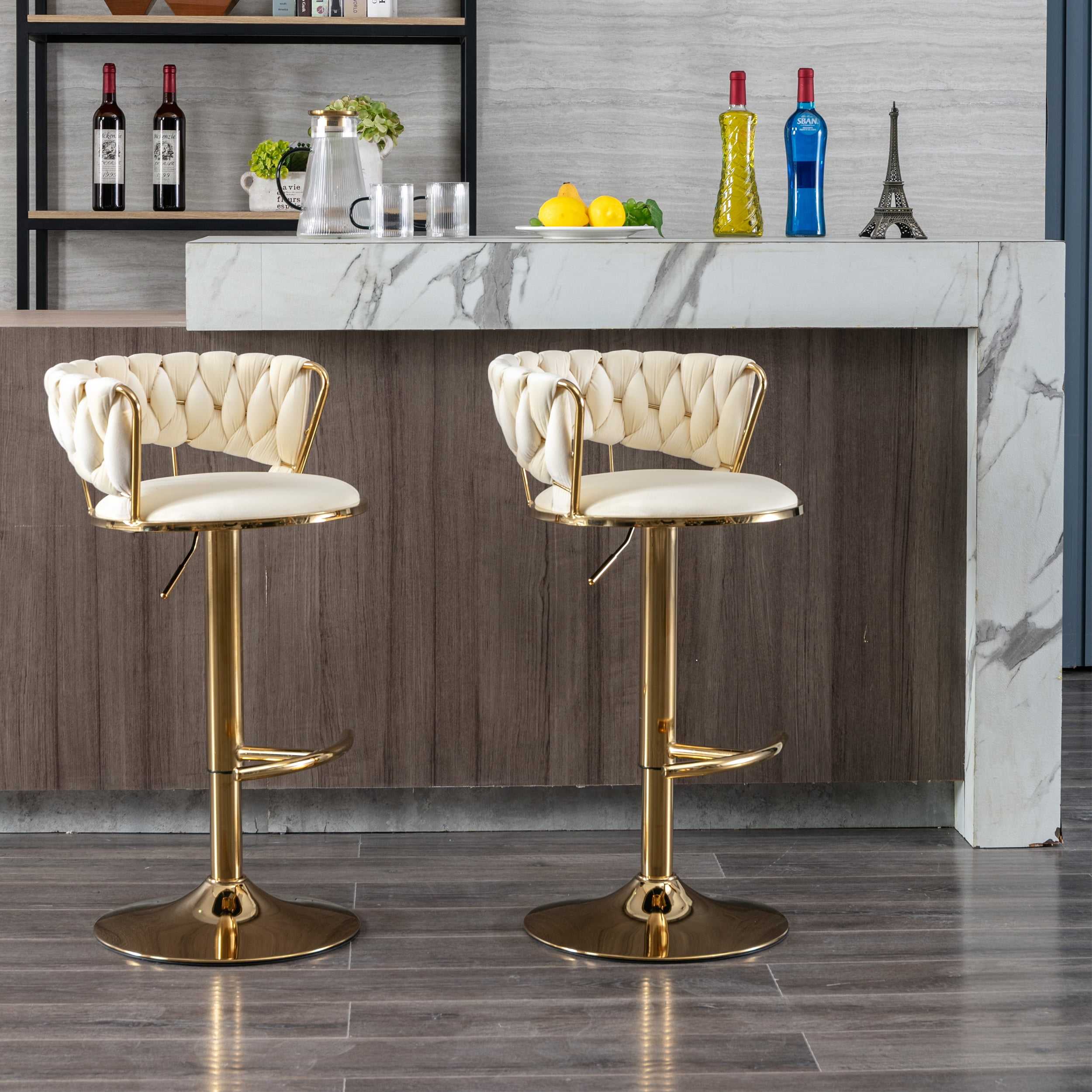 Set of 2 Bar Stools, with Chrome Footrest and Base Swivel Height ...