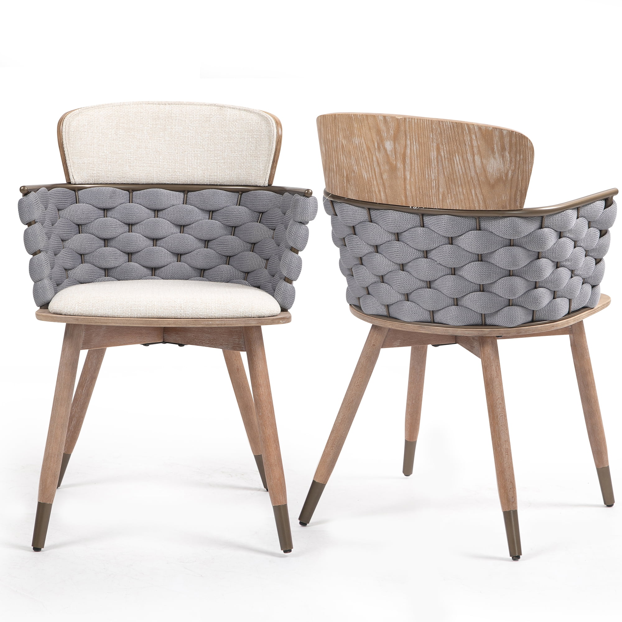 Set of 2 Bechor Beige and Gray Woven Fabric Dining Chair with Natural ...