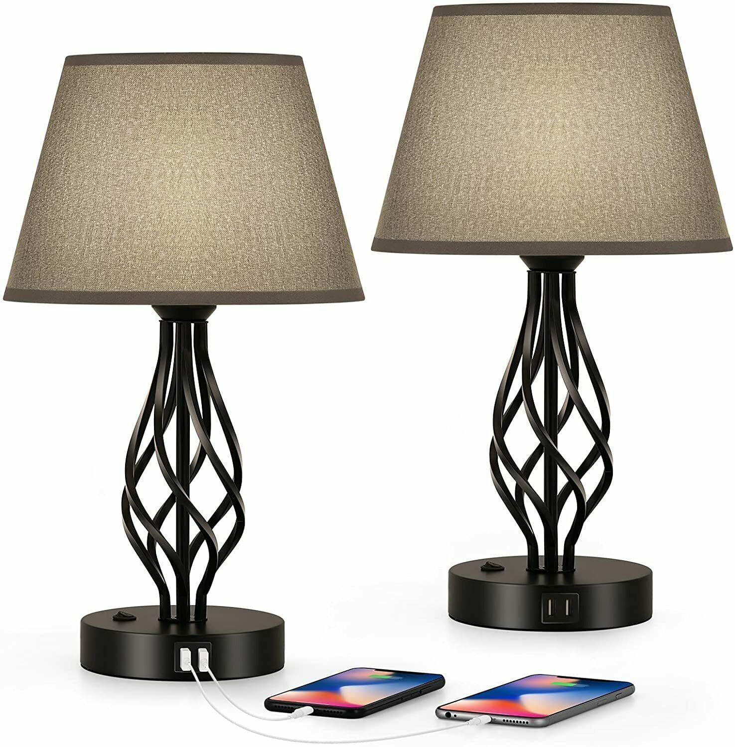 Bedroom Bedside Nightstand Lamp Set with Built-in Dual USB Charging ...