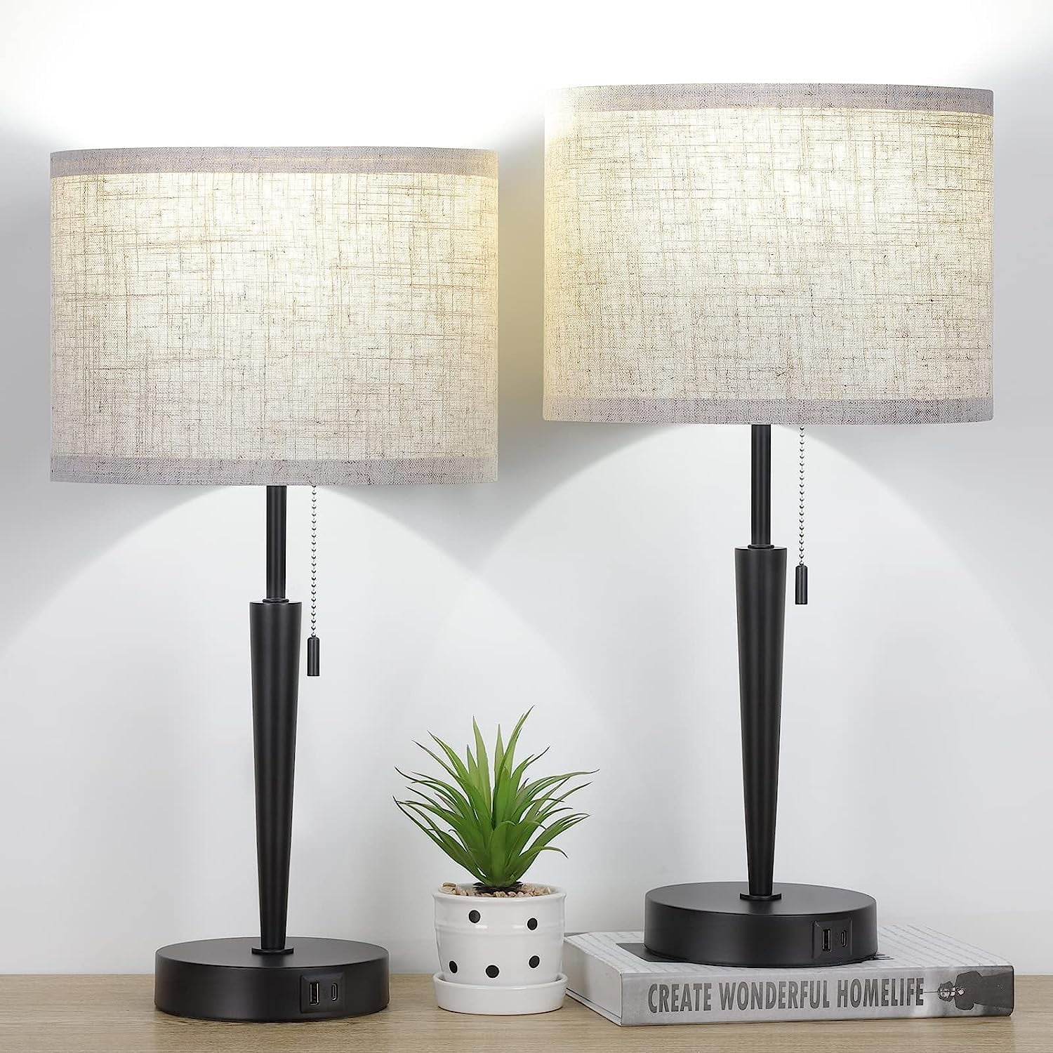 Set of 2 Bedside Lamp, Pull Chain Big Table Lamps with USB C+A Charging ...