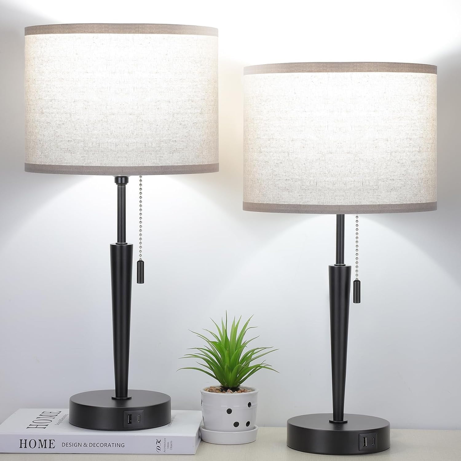 Set of 2 Bedside Lamp, Pull Chain Big Table Lamps with USB C+A Charging ...
