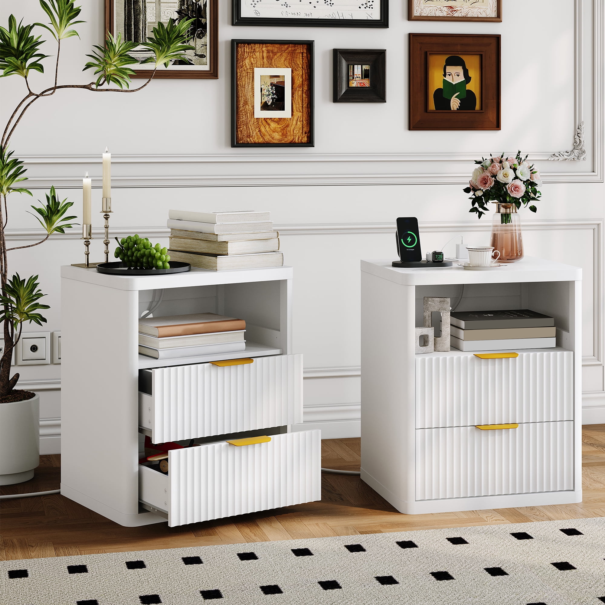 Set of 2 Bedside Table 2 Drawers Nightstand with Storage, Fluted ...