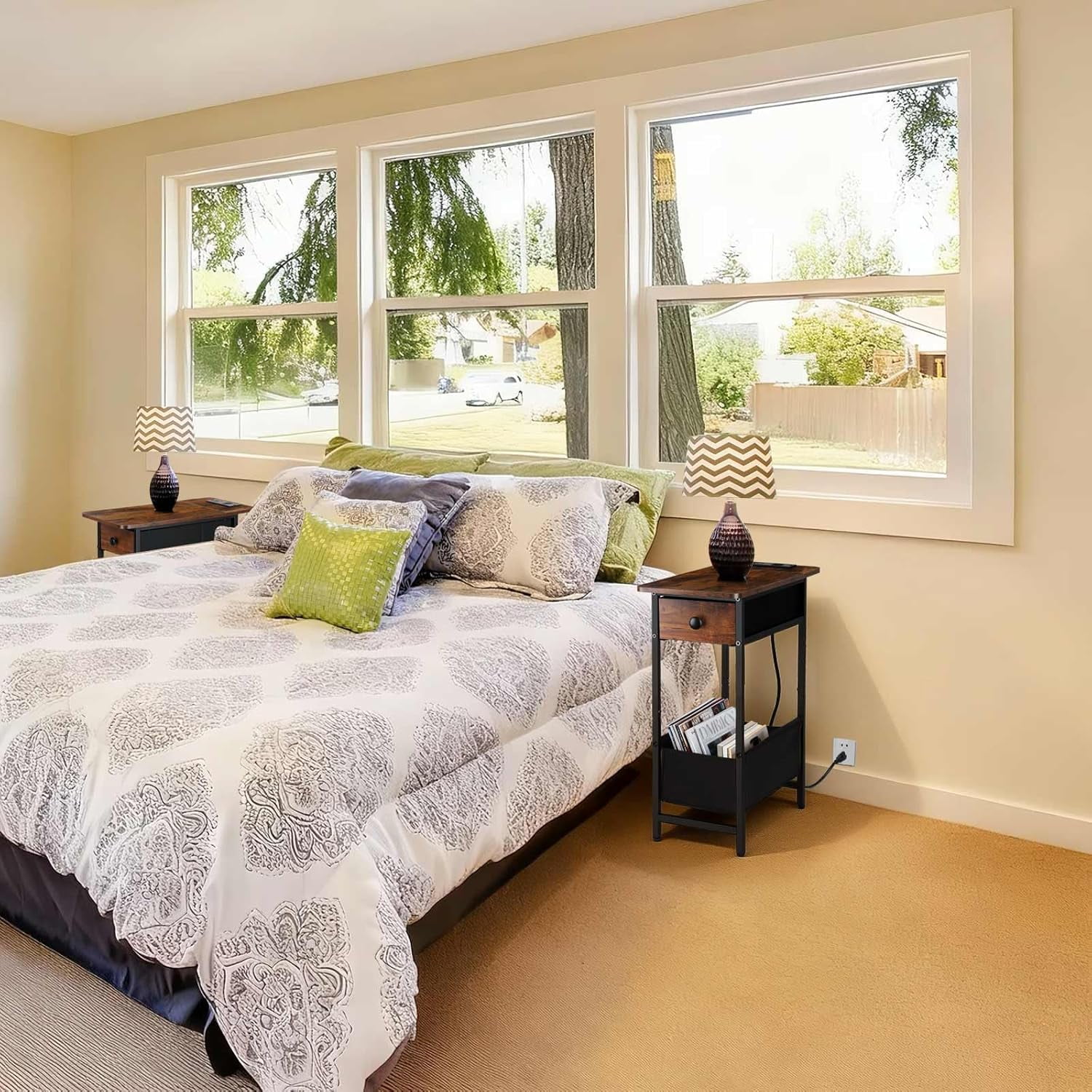 Set of 2 Bedside Tables Rustic Brown Promotion Long Narrow Side Tables ...