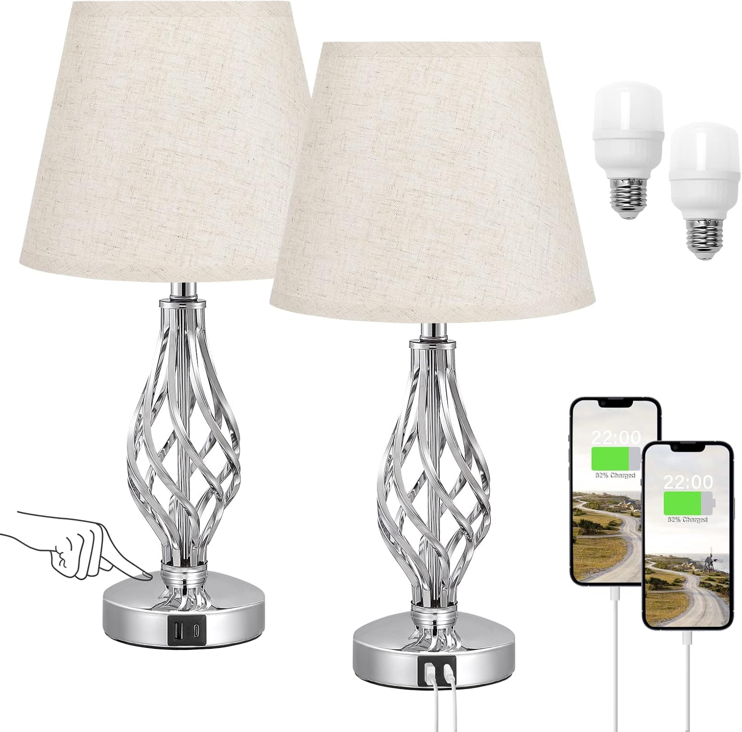 Set of 2 Beige Touch Table Bedside Lamps with USB C Ports, Spiral Cage ...