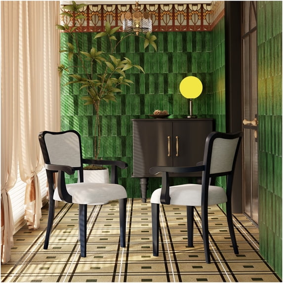 Set of 2 Beige Upholstered Dining Chairs with Curved Lines & Hardwood ...