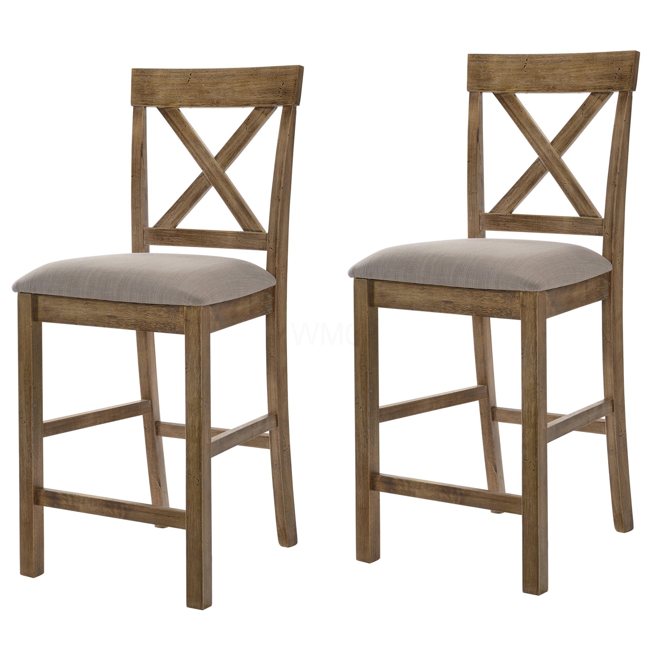Weathered Oak Bar Stools Set of 2 with Cross Back, Beige Fabric Counter ...
