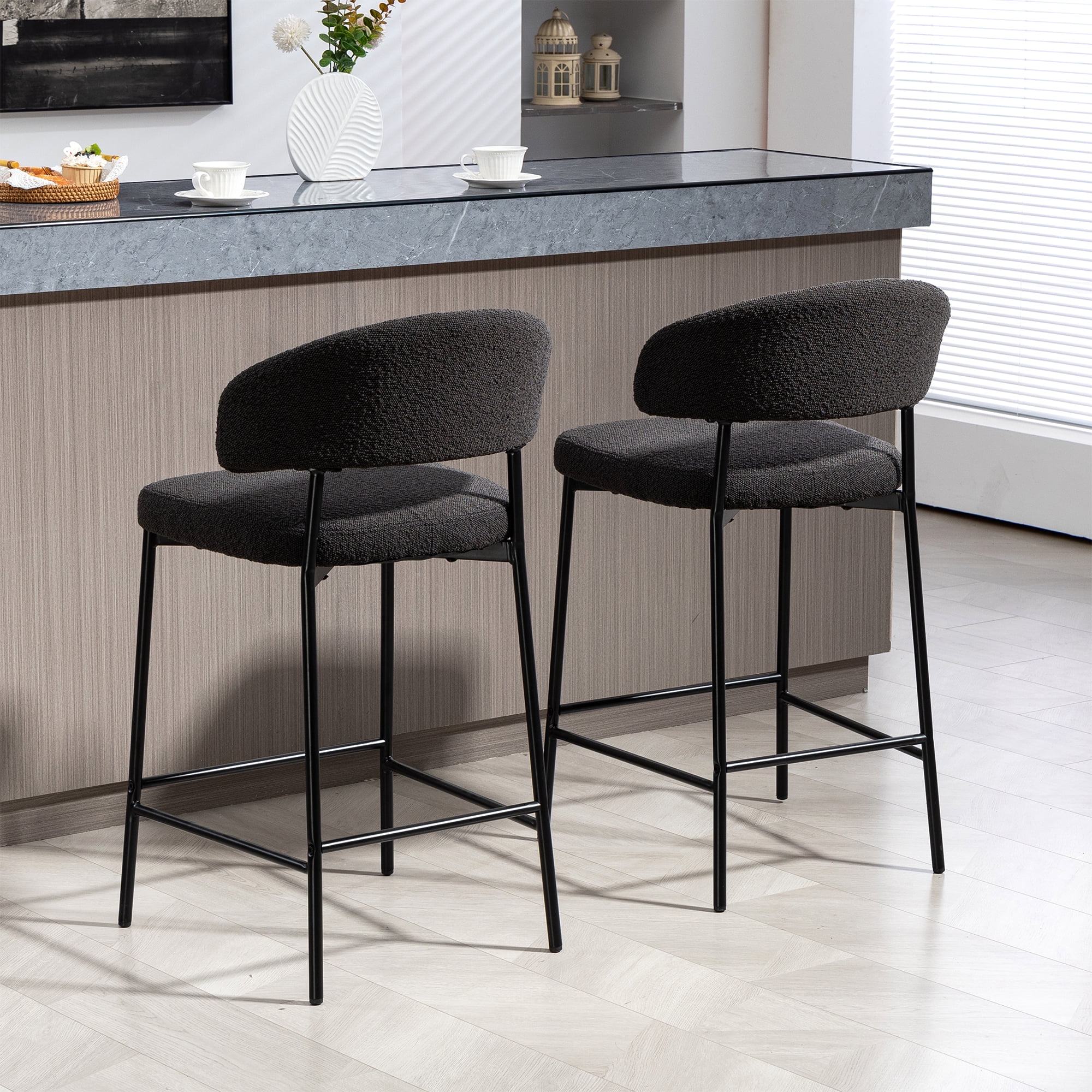 Set of 2 Bennett Black Boucle Upholstered Fabric Counter Stool with ...