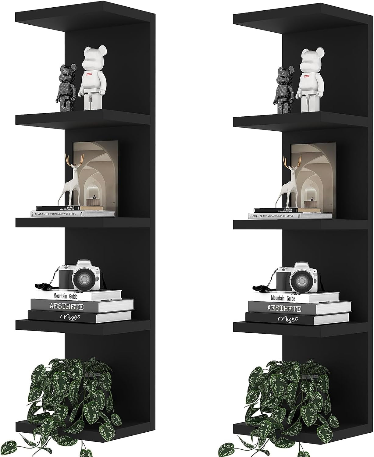 Set of 2 Black Floating Shelves – 5-Tier Wall Mounted Display Shelves ...