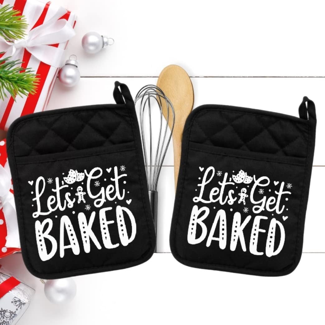 Set of 2 Black - Let's Get Baked - Pot Holder - Oven Mitt - Hot Pad ...