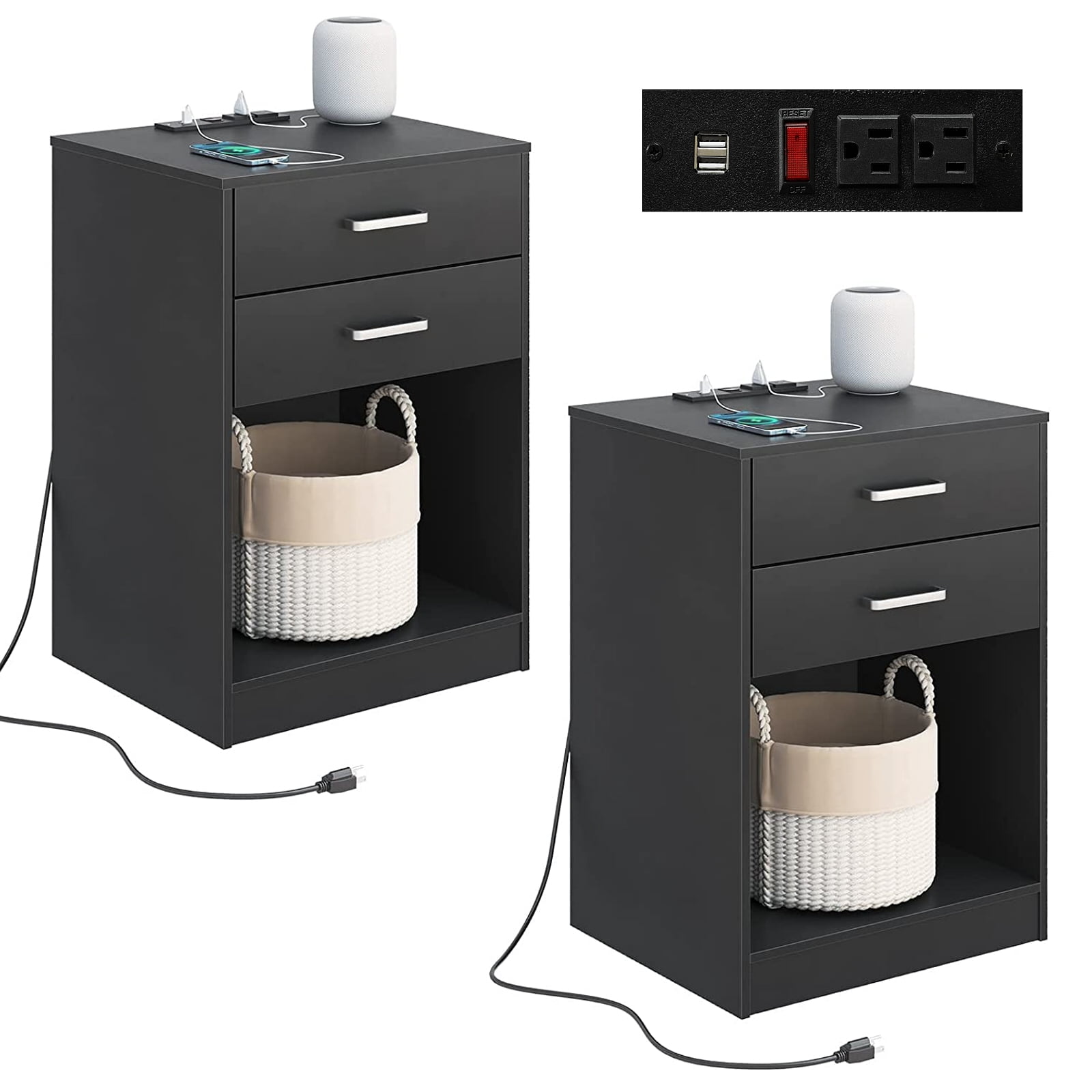 Set of 2 Black Nightstand with Drawers, USB Outlets, Charging Station ...