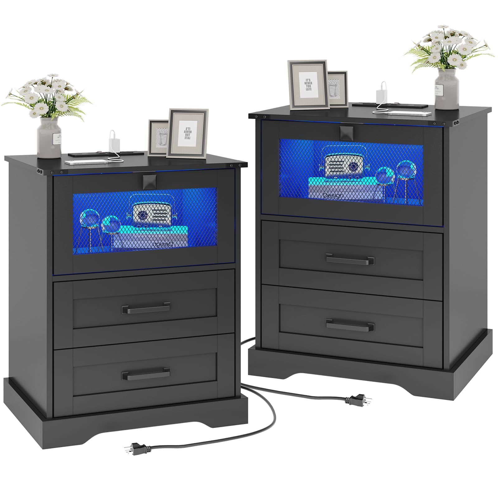 2-Pack Black Nightstand with USB Ports, Outlet & LED, Storage Bedside ...