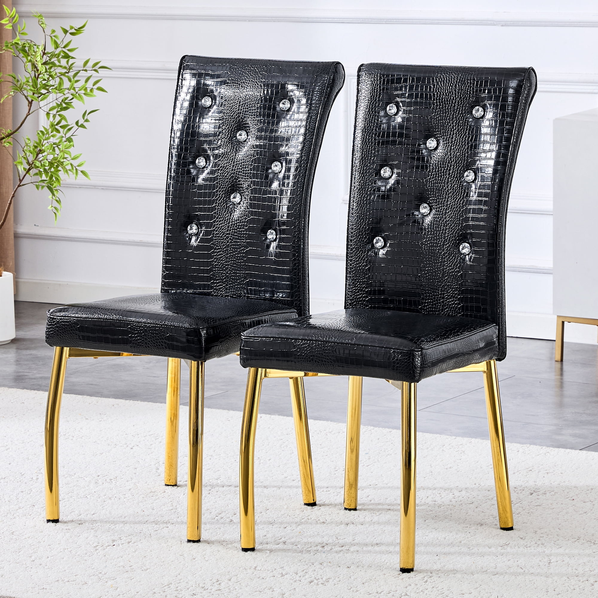 Set of 2 Black PU Retro Alligator Upholstered Dining Chairs with ...