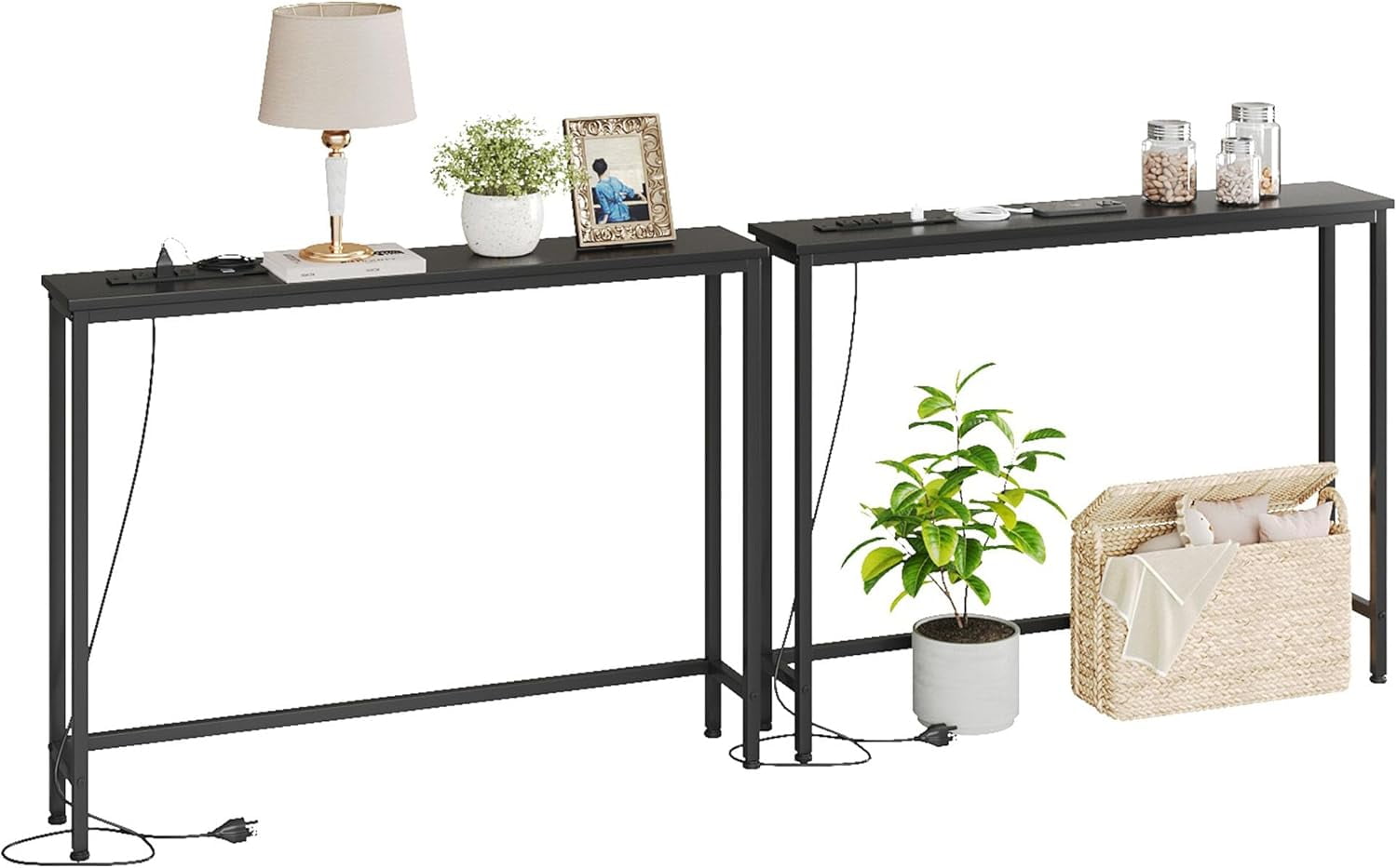 Set of 2 Black Sofa Tables with Power Outlets, 39" Long Behind Couch ...