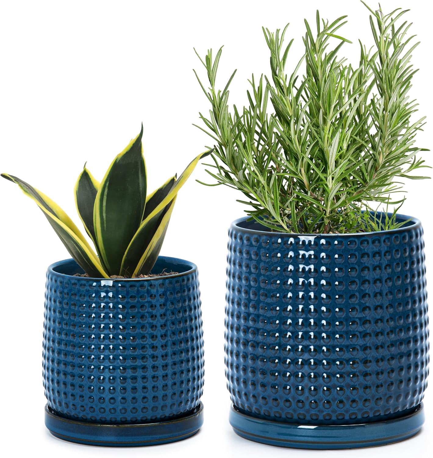 Set of 2 Blue Ceramic Indoor Planter Pots with Drainage Hole and Saucer ...