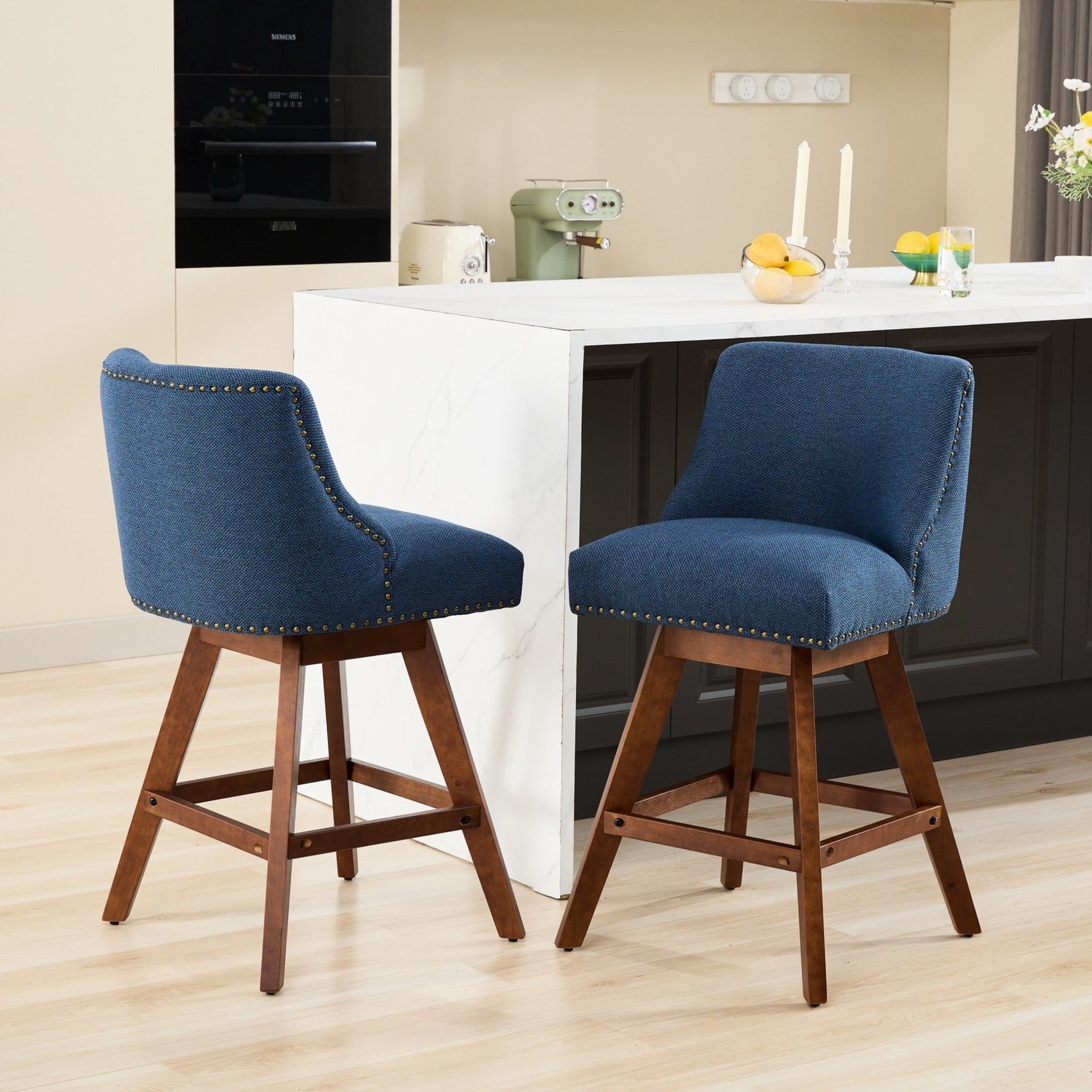 Set of 2 Blue Fabric Swivel Barstools / High-Quality Rubberwood ...