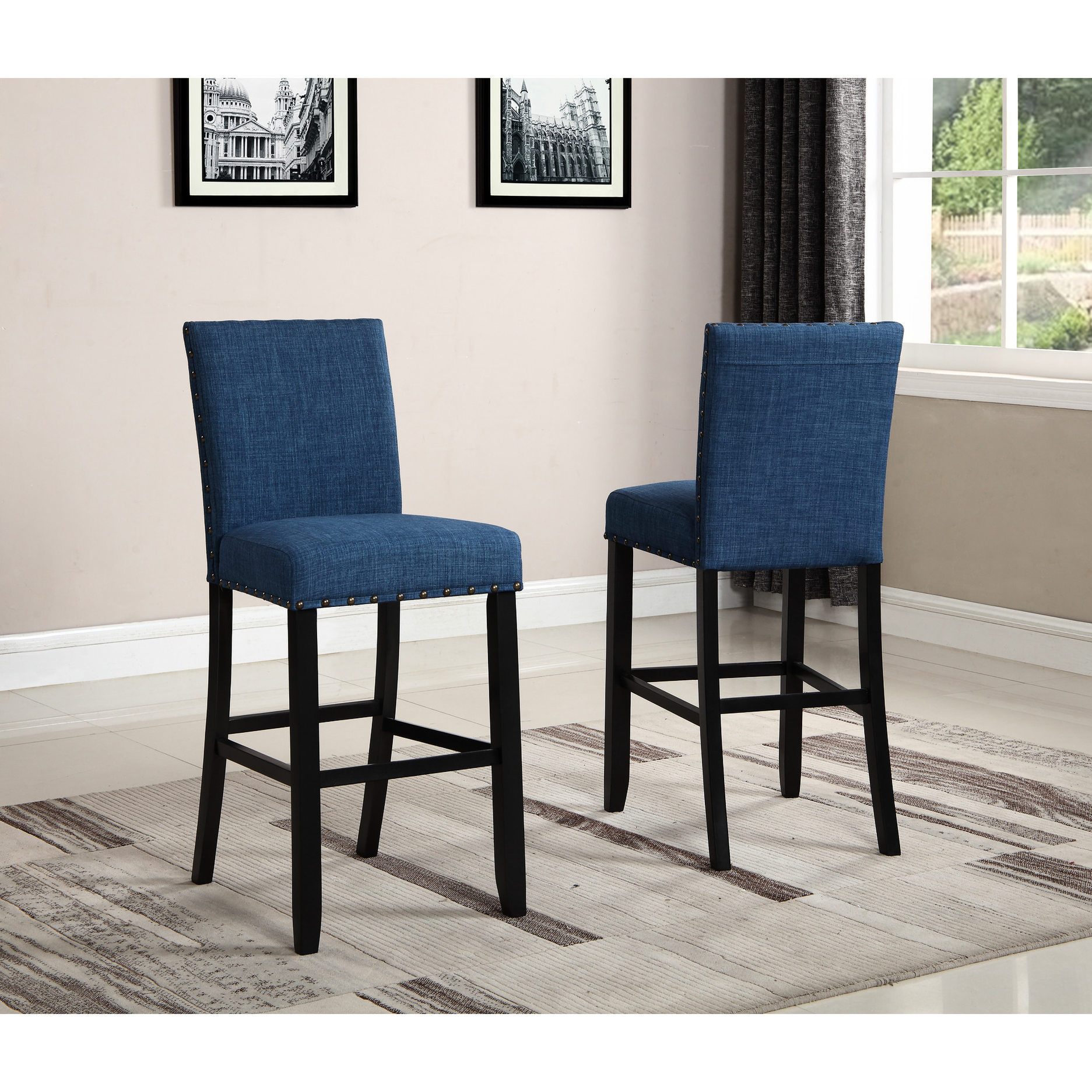 Set of 2 Blue Nailhead Bar Chairs | Wood Frame and Linen-Cotton Seat ...