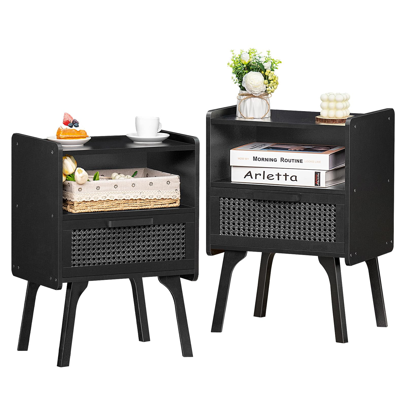 Set of 2 Boho Rattan Nightstands, Cane Accent Bedside Tables with Open Shelf and Drawer, Solid ...