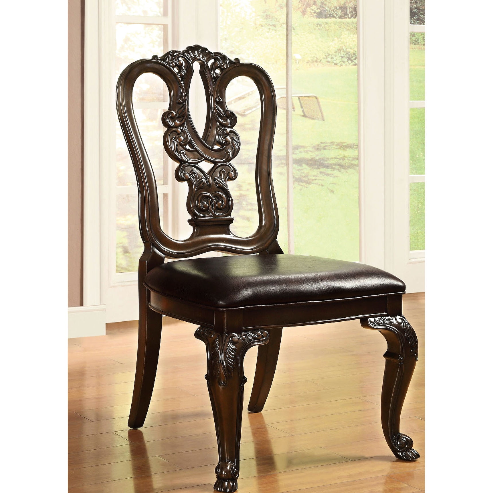 Set of 2 Brown Cherry Solid Wood Dining Chairs with Padded Leatherette ...