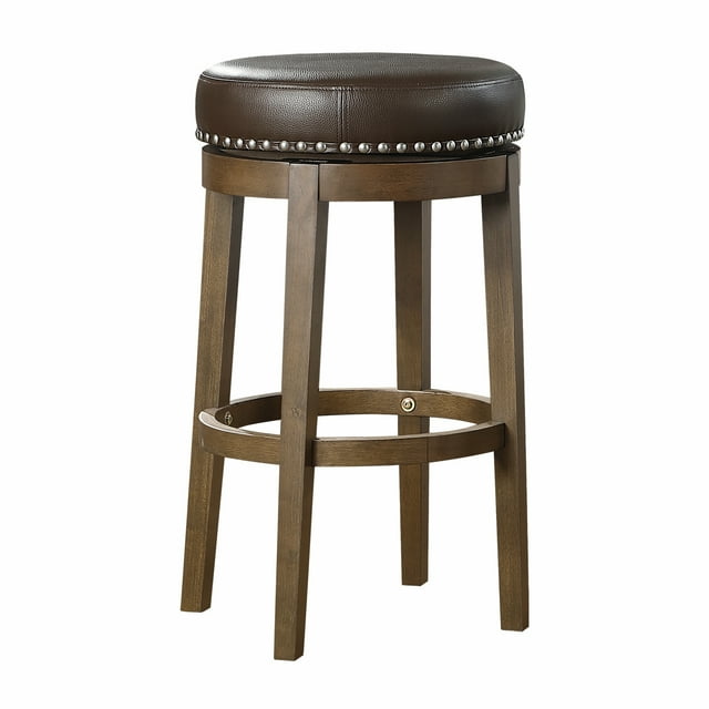 Set of 2 Brown Faux Leather Swivel Stools with Nailhead Trim & Solid ...