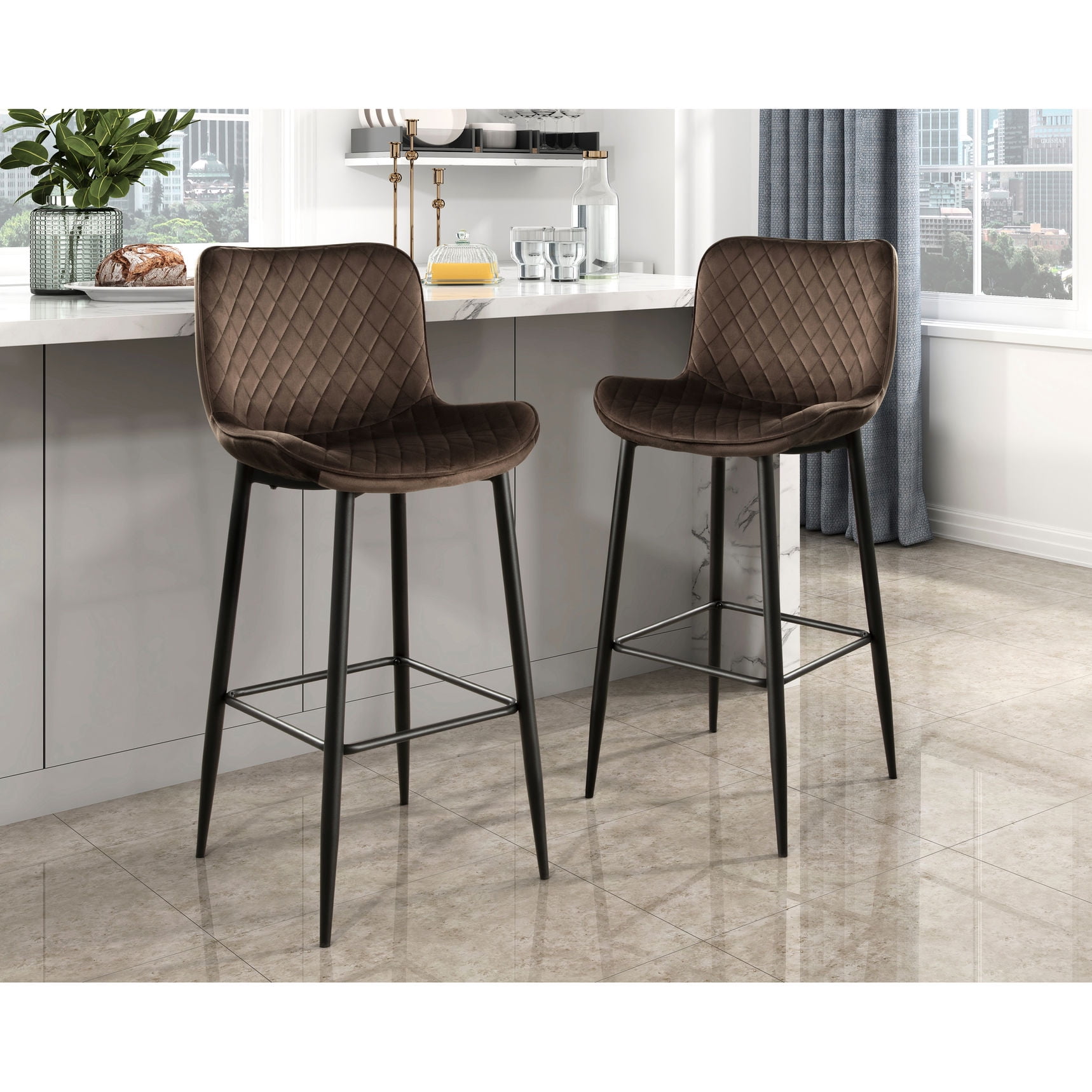 Set of 2 Brown Velvet Bar Chairs, 29-inch Seat Height, Metal Legs ...