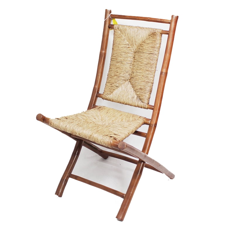 Set of 2 Brown and Natural Bamboo Folding Dining Chairs with Seagrass ...