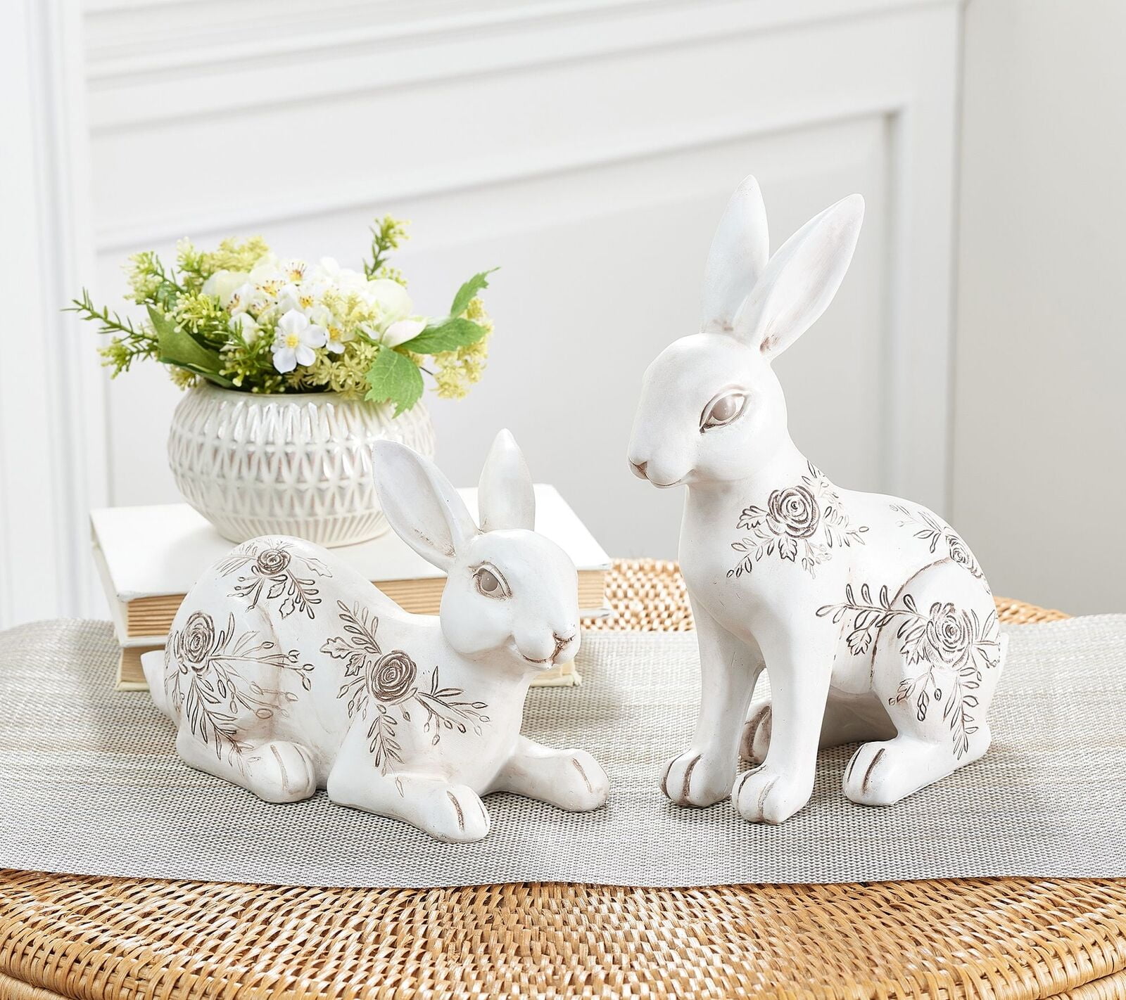 Set of 2 Bunny Figures with Floral Accents by Valerie in White ...